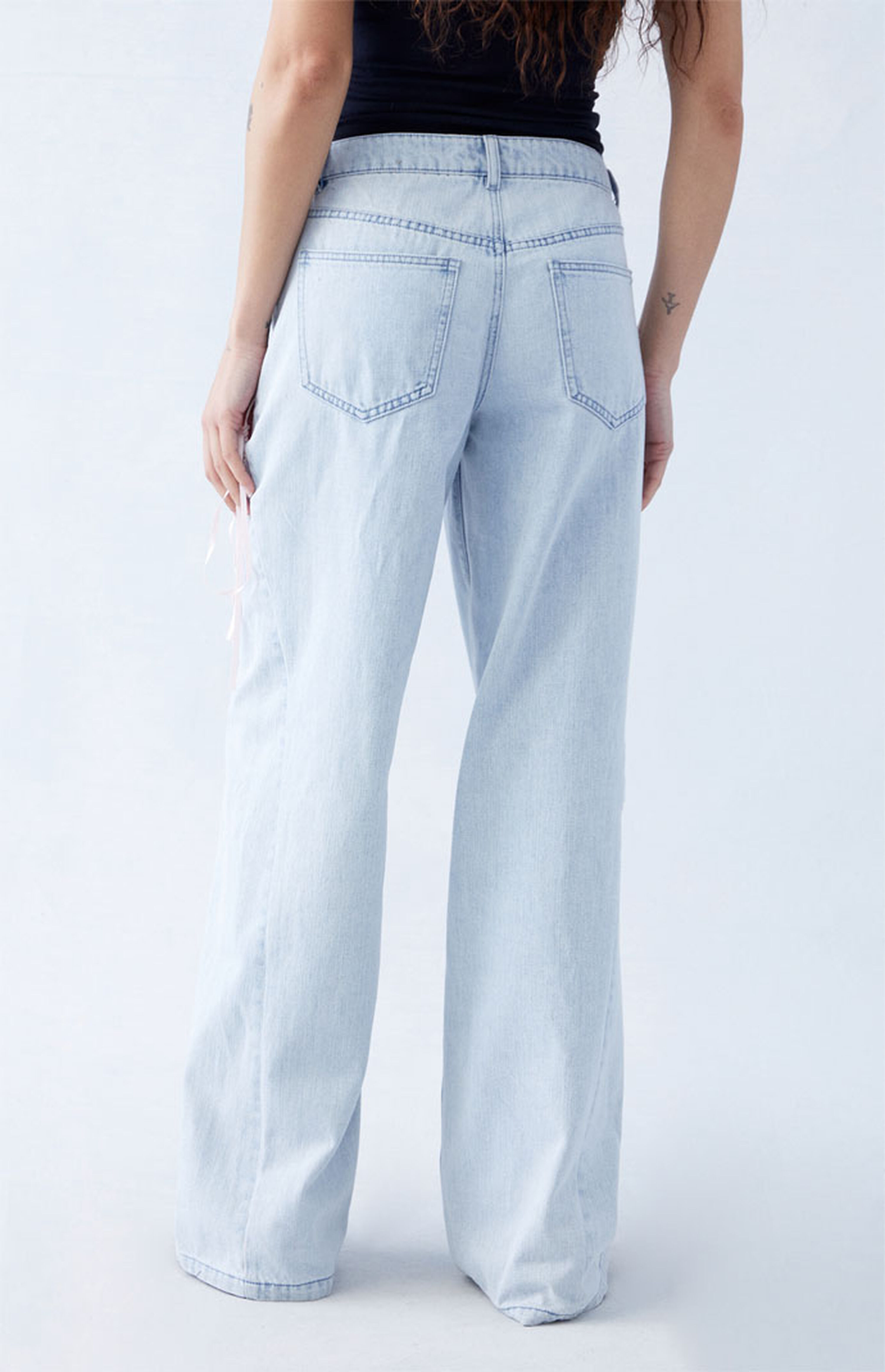 Pacsun Light Indigo Bow Ribbon Lace Up Low Rise Baggy Jeans | Pacsun