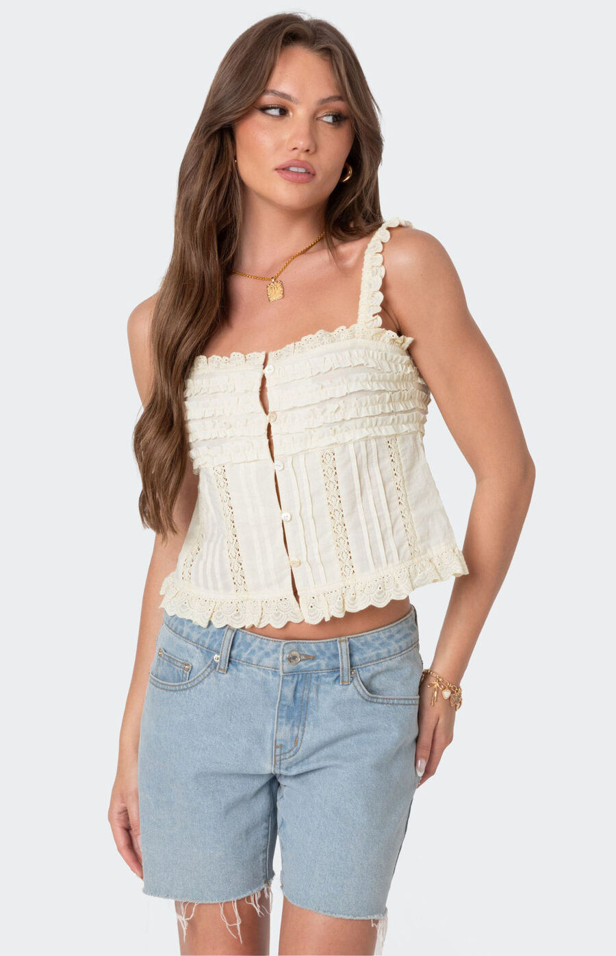 Edikted Hera Button Front Ruffled Top | PacSun