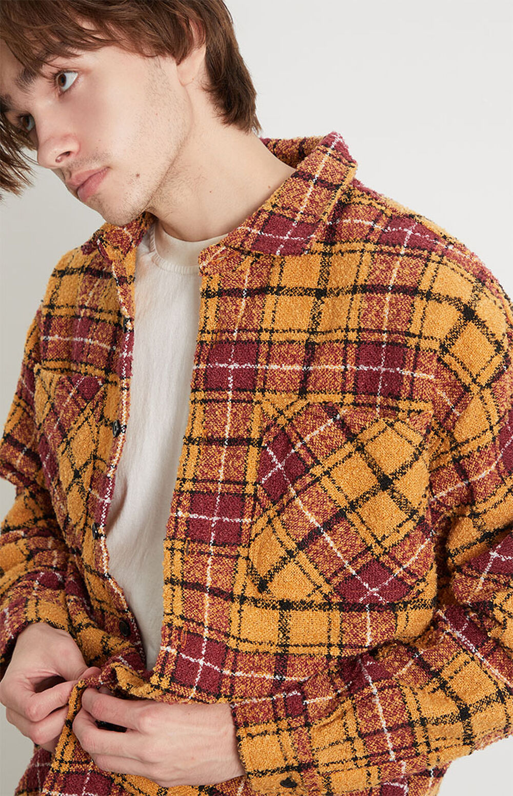 Pacsun Tan Wooly Plaid Textured Shacket | PacSun