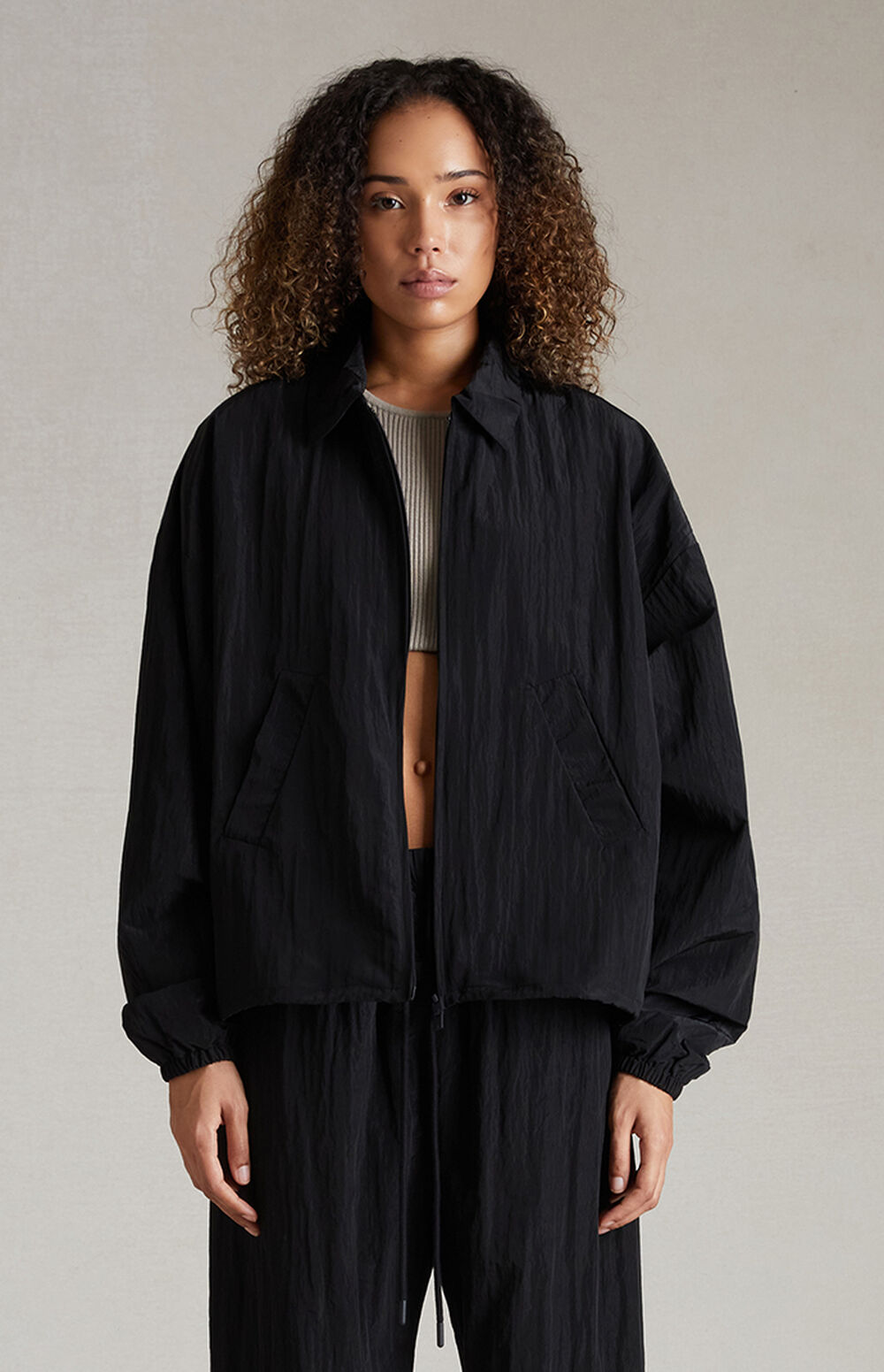 Fear of God Essentials Women's Jet Black Crinkle Nylon Shell Bomber ...
