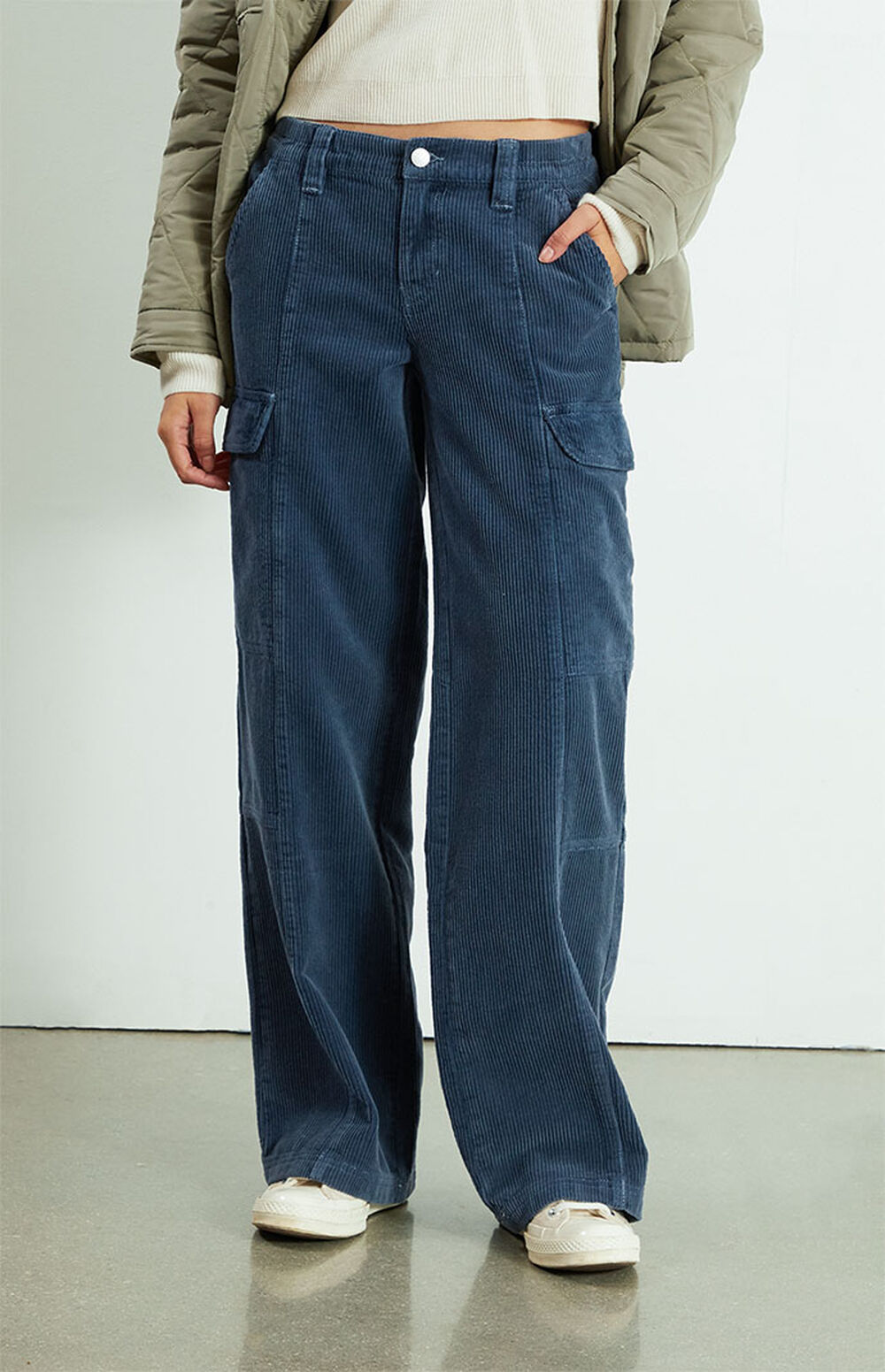 Pacsun Navy Corduroy Low Rise Puddle Cargo Pants | PacSun