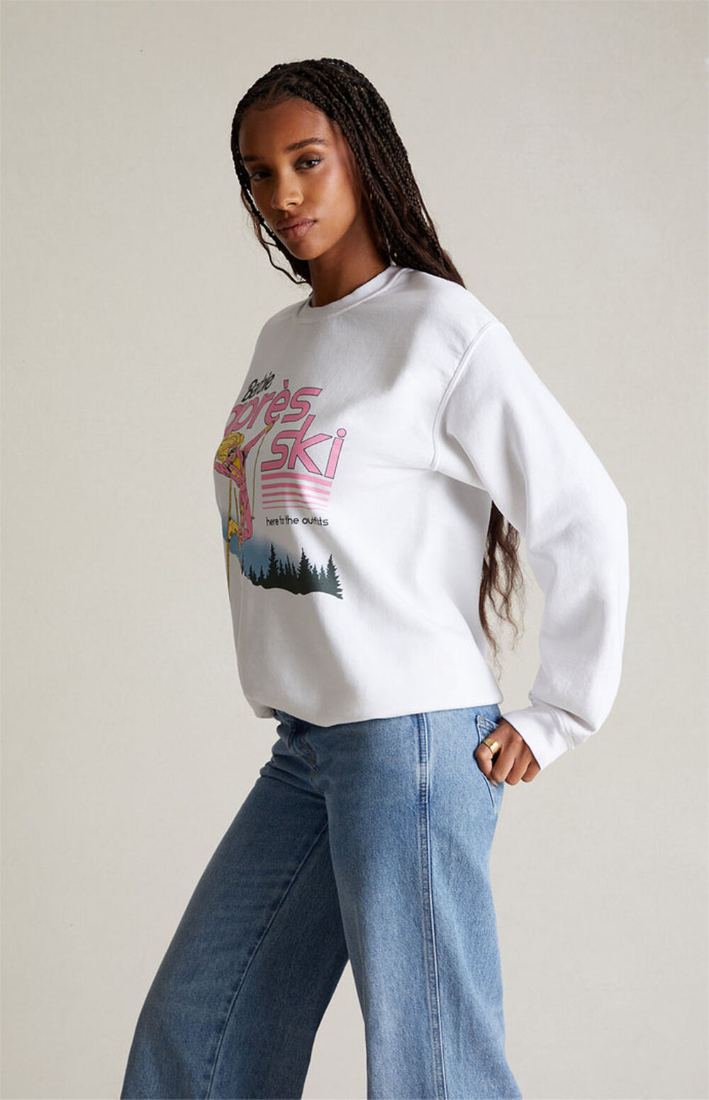 Barbie Apres Ski Crew Neck Sweatshirt | Pacsun