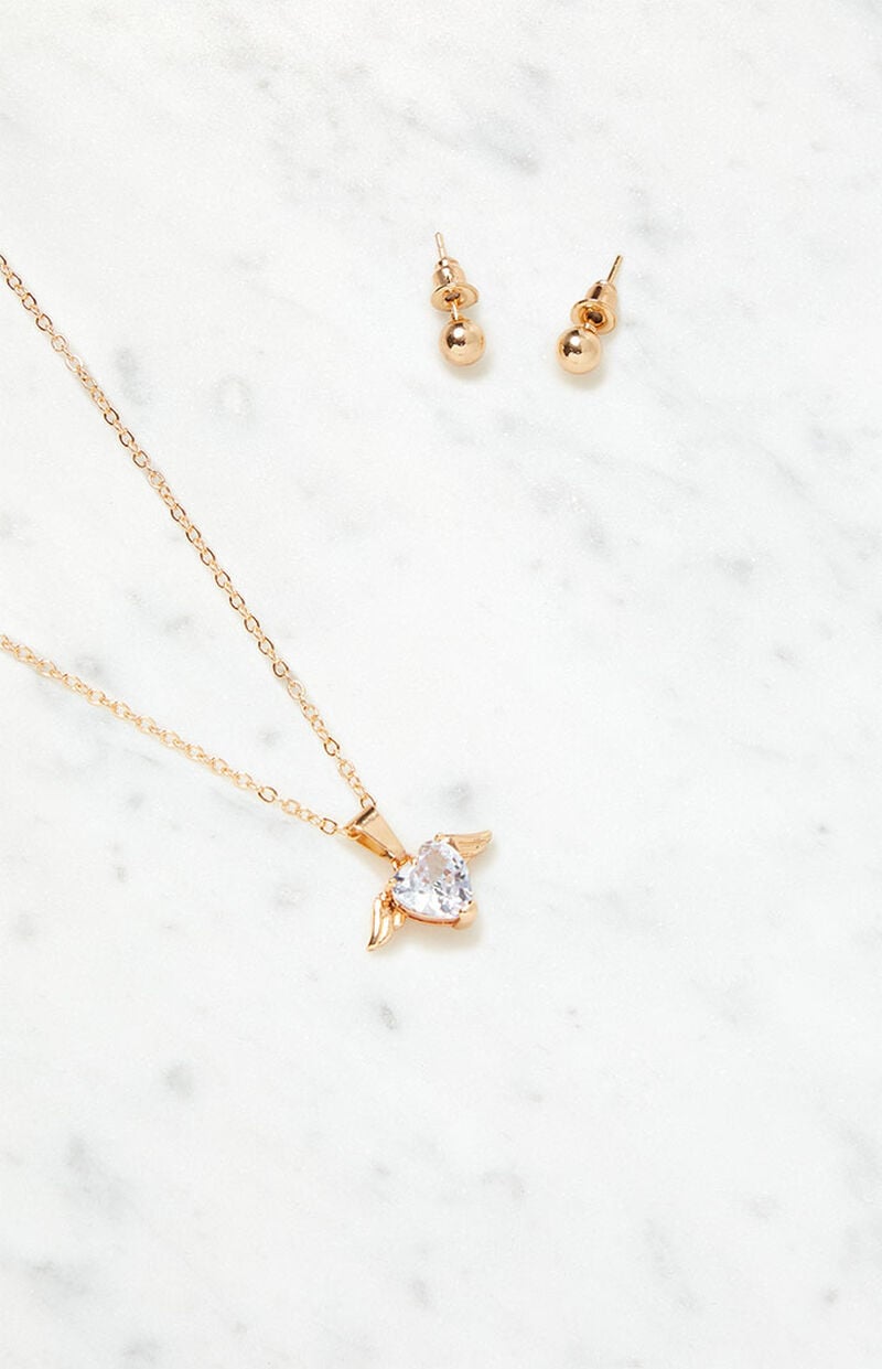 LA Hearts Angel Heart Earrings & Necklace Bundle | Pacsun