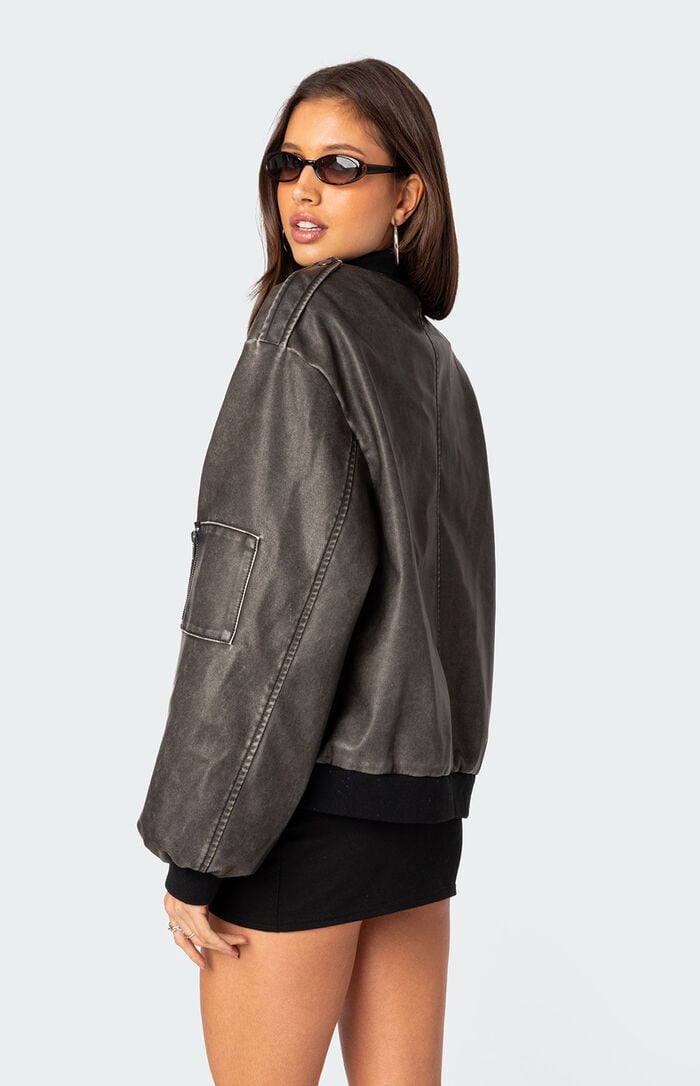 Edikted Vava Washed Faux Leather Bomber Jacket | PacSun