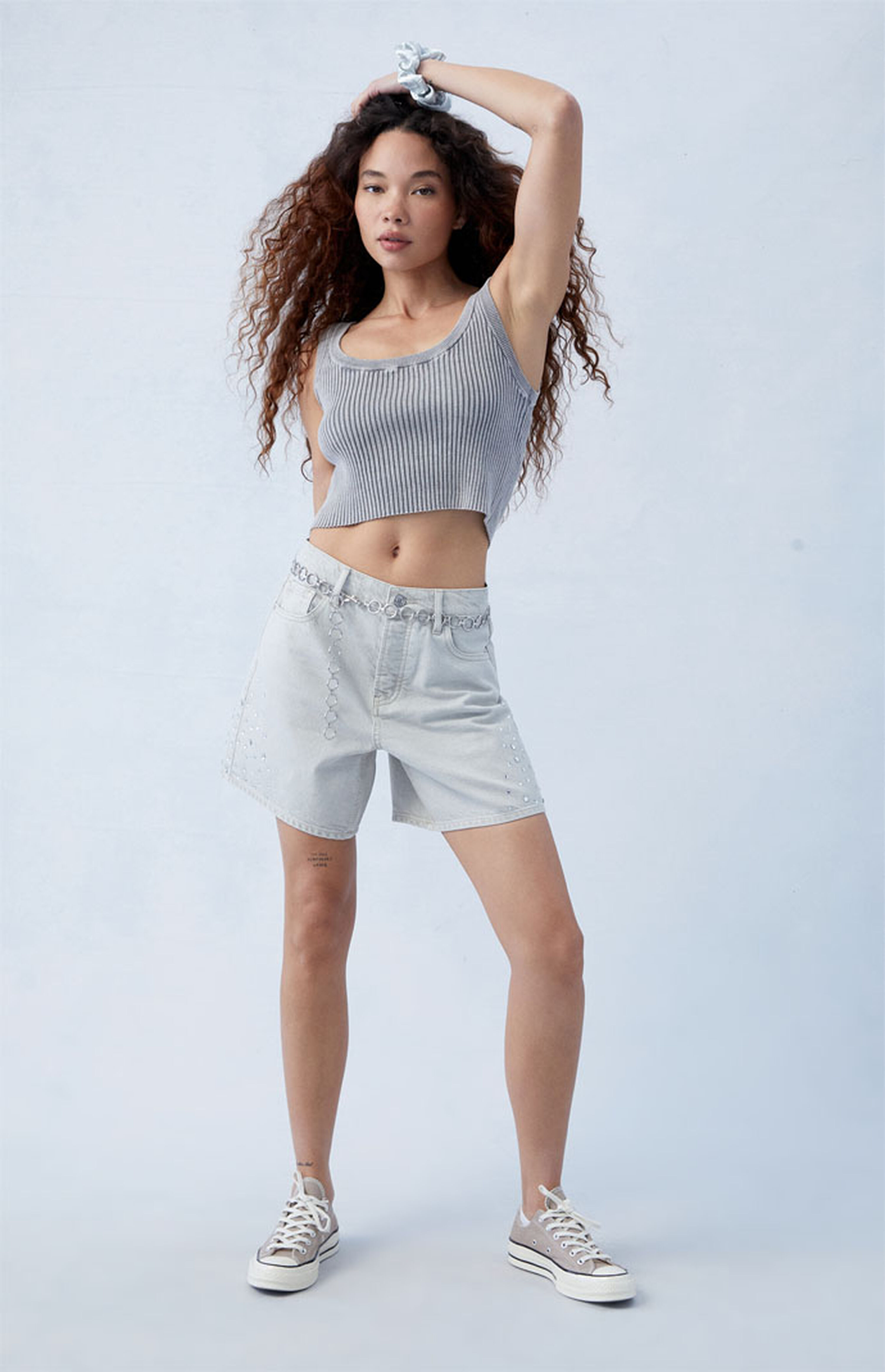 Pacsun Eco Gray Rhinestone High Waisted Relaxed Jorts | PacSun