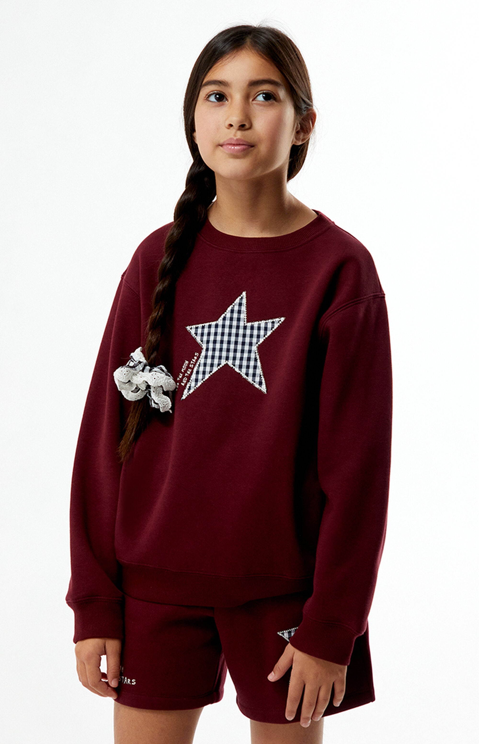 Pacsun Kids Maroon Plaid Star Embroidered Crew Neck Sweatshirt | Pacsun