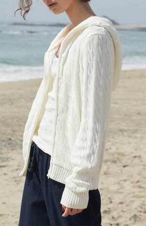 John Galt White Cable Knit Zip Up Hooded Sweater | PacSun