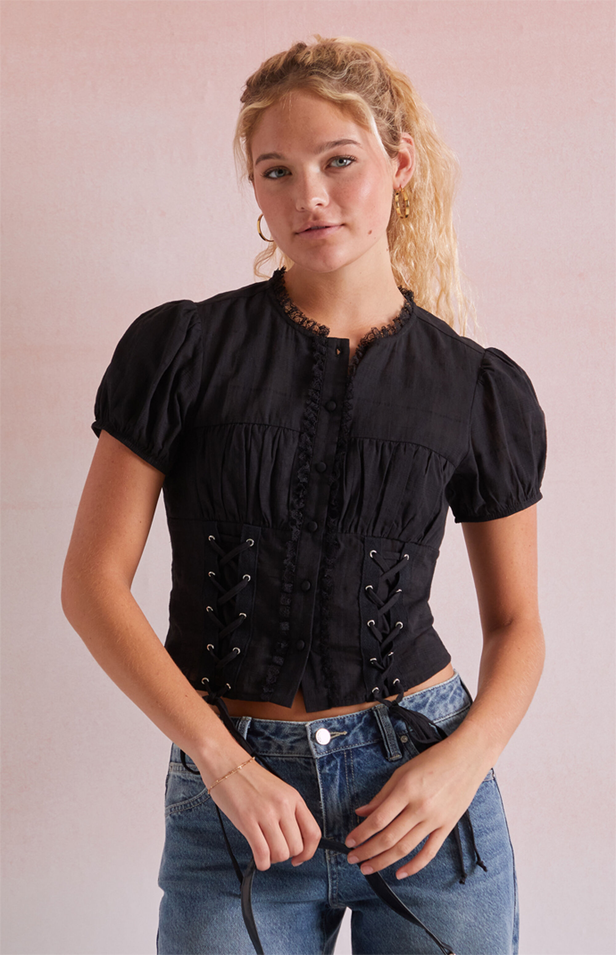 Beverly and Beck Gabbie Lace Up Short Sleeve Top | PacSun