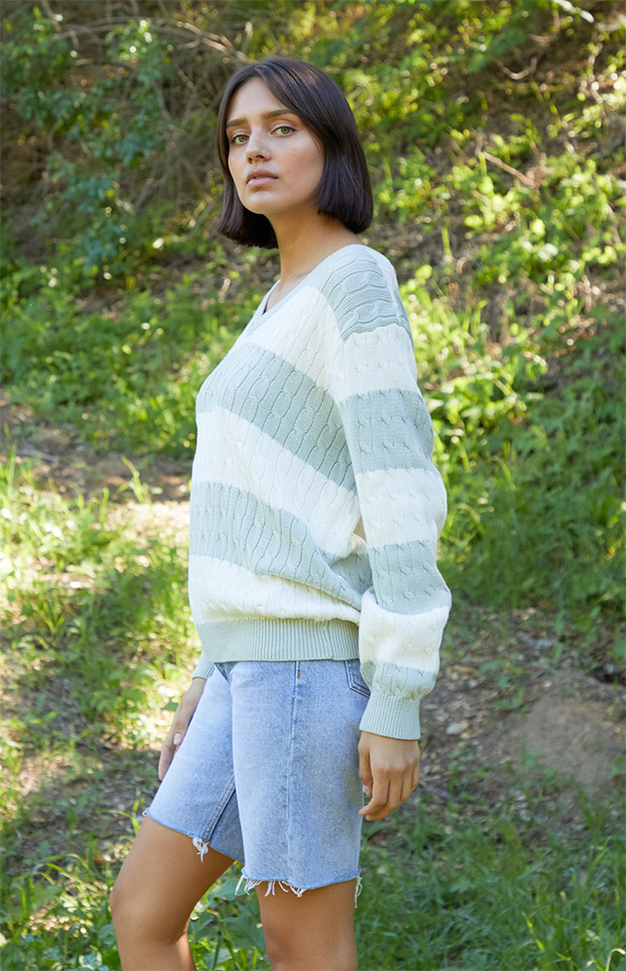 John Galt Striped Nikki V-Neck Cable Knit Sweater | PacSun