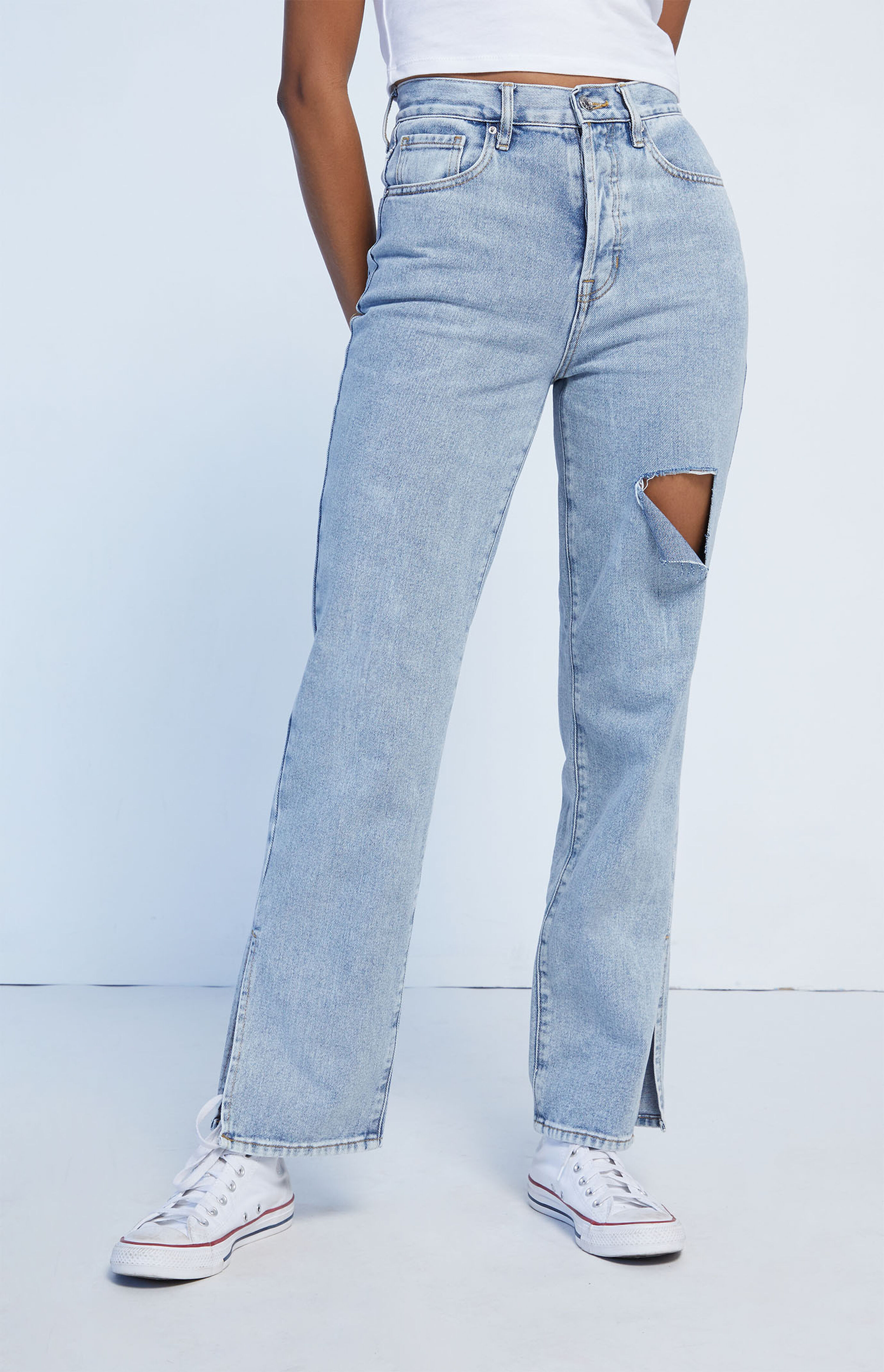 Pacsun Light Blue Ripped Split Dad Jeans | Pacsun