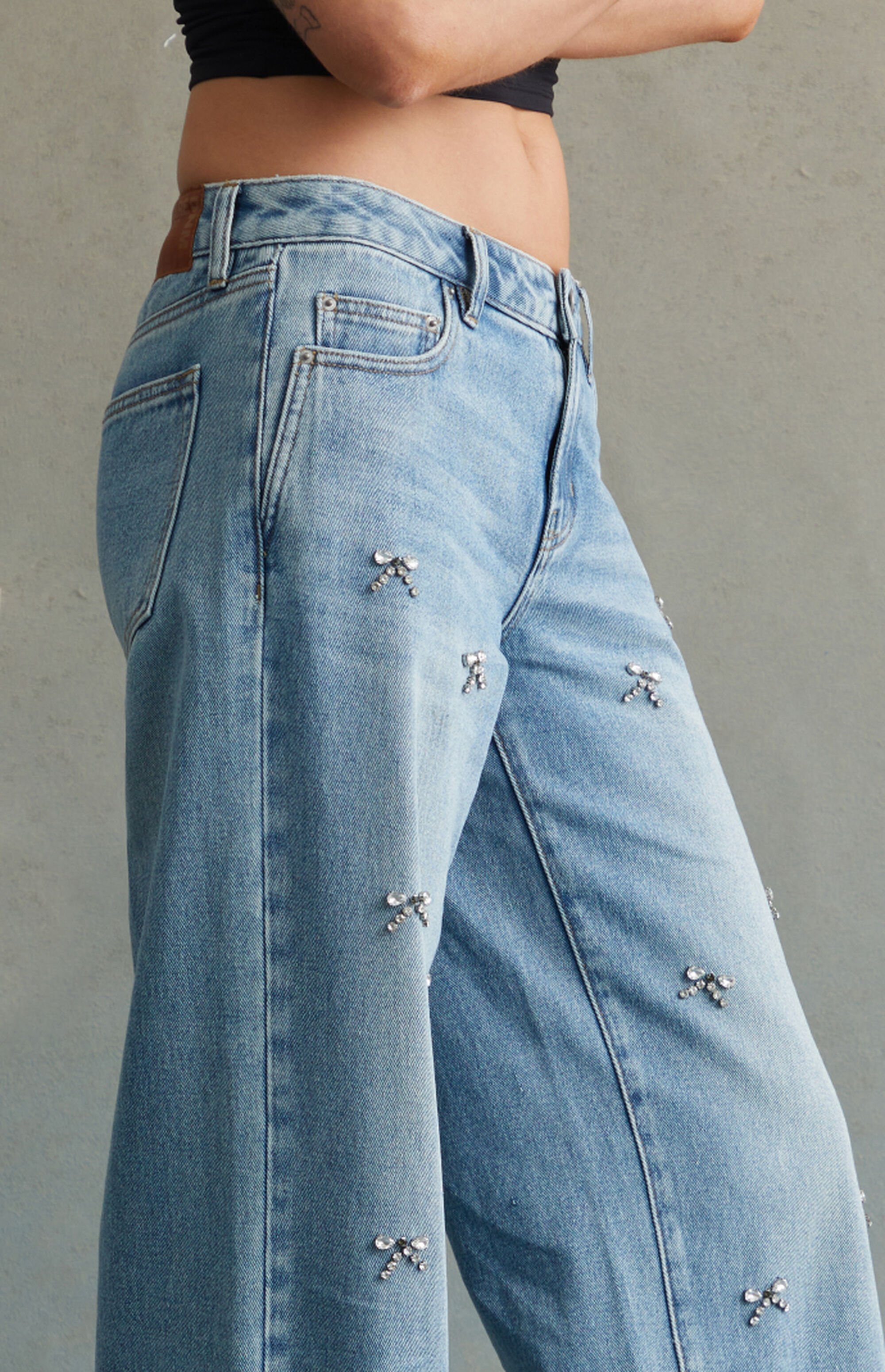 RARE DNM EDIT Light Indigo Rhinestone Bow Low Rise Baggy Jeans | PacSun