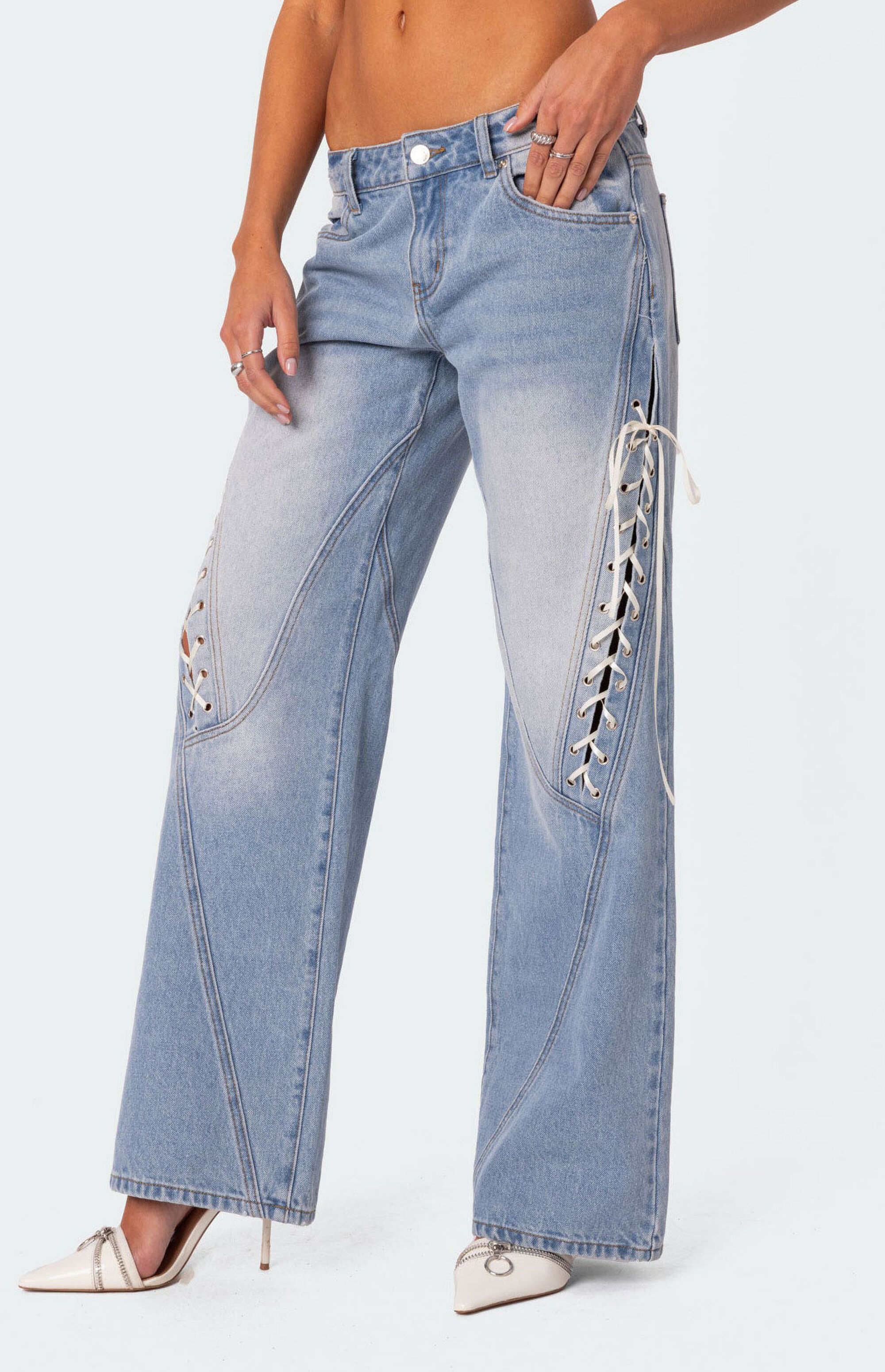 Edikted Low Rise Bow Ribbon Lace Up Jeans | Pacsun