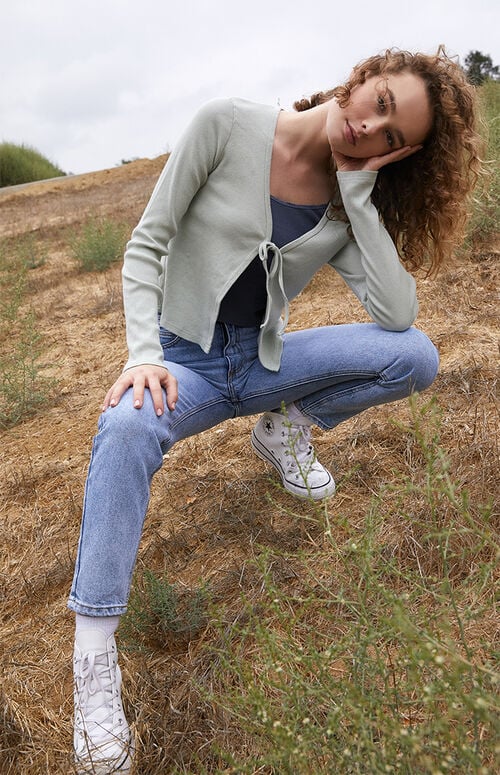 John Galt Green Greta Long Sleeve Tie Front Top | PacSun