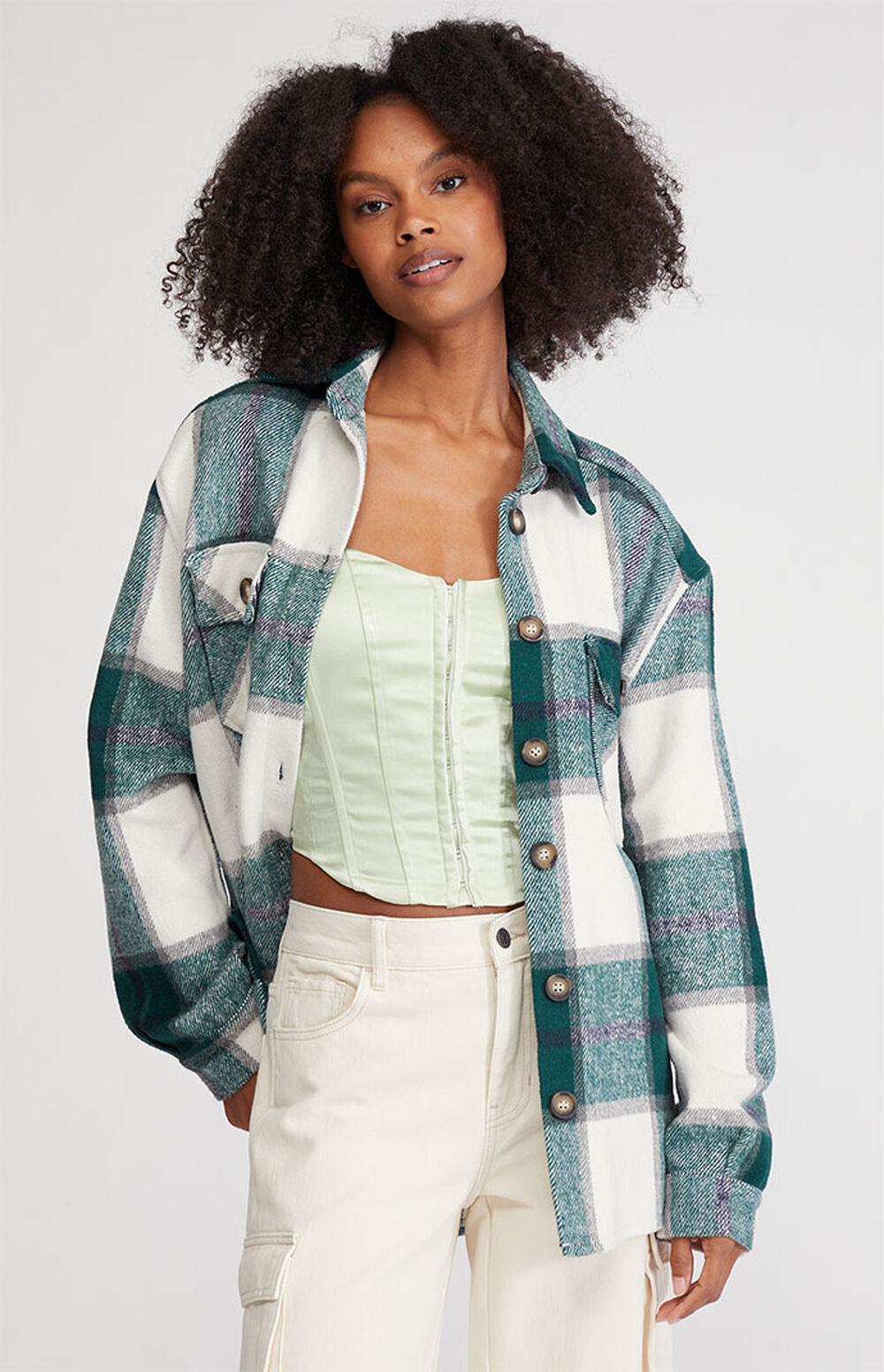 LA Hearts Green Plaid Shacket | PacSun