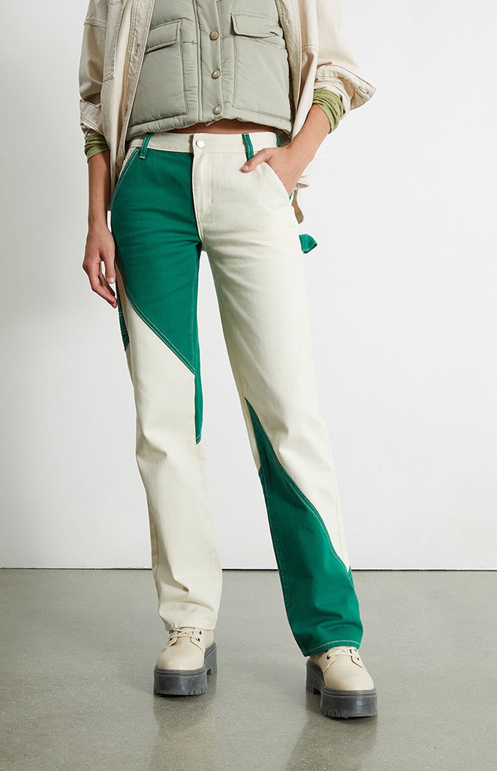 Pacsun Green & White Paneled Low Rise Carpenter Pants | PacSun