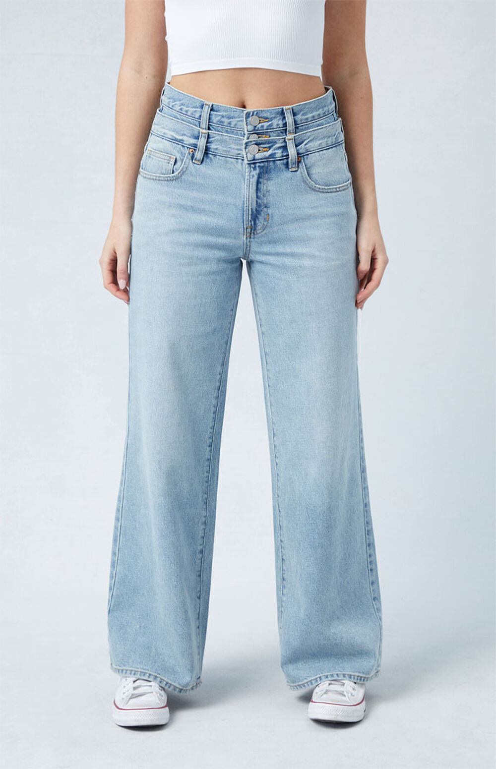 Pacsun Eco Medium Indigo Double Waistband Mid Rise Baggy Jeans | Pacsun