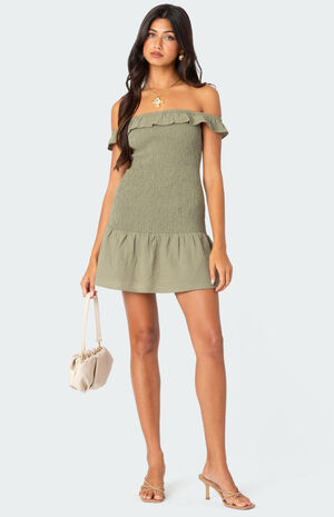 Edikted Off Shoulder Scrunched Linen Look Mini Dress | PacSun