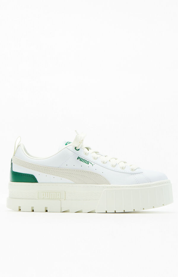 Puma Women's White & Green Mayze Leather Sneakers | PacSun