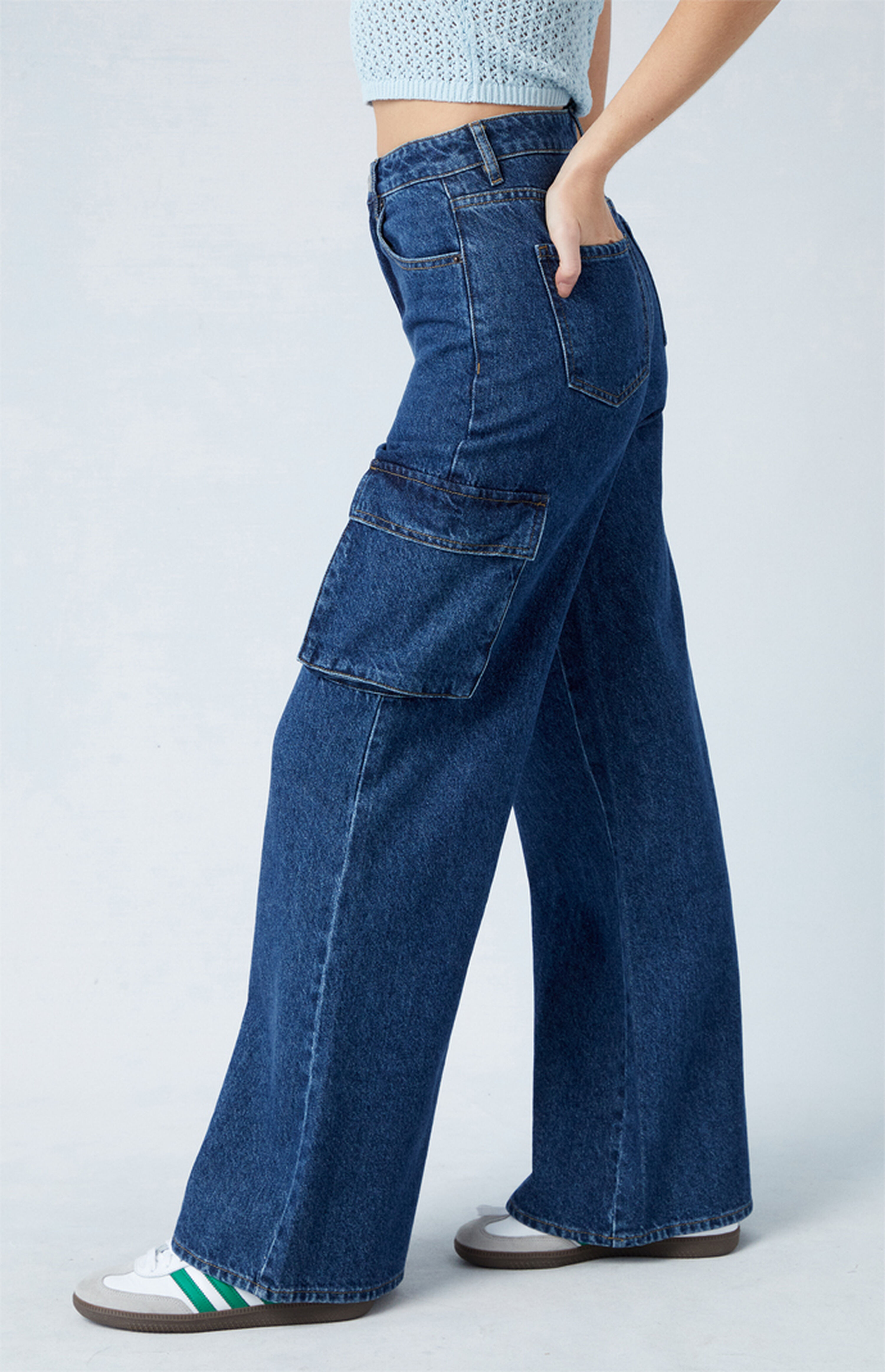 Pacsun Eco Dark Indigo High Waisted Wide Leg Cargo Jeans | PacSun