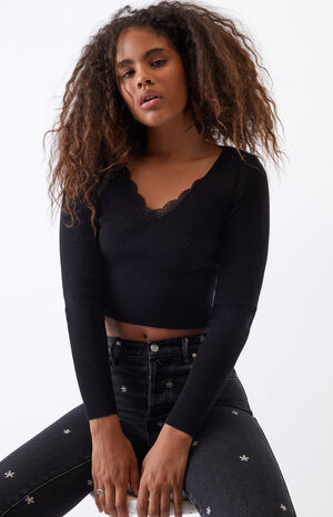 black lace trim long sleeve top