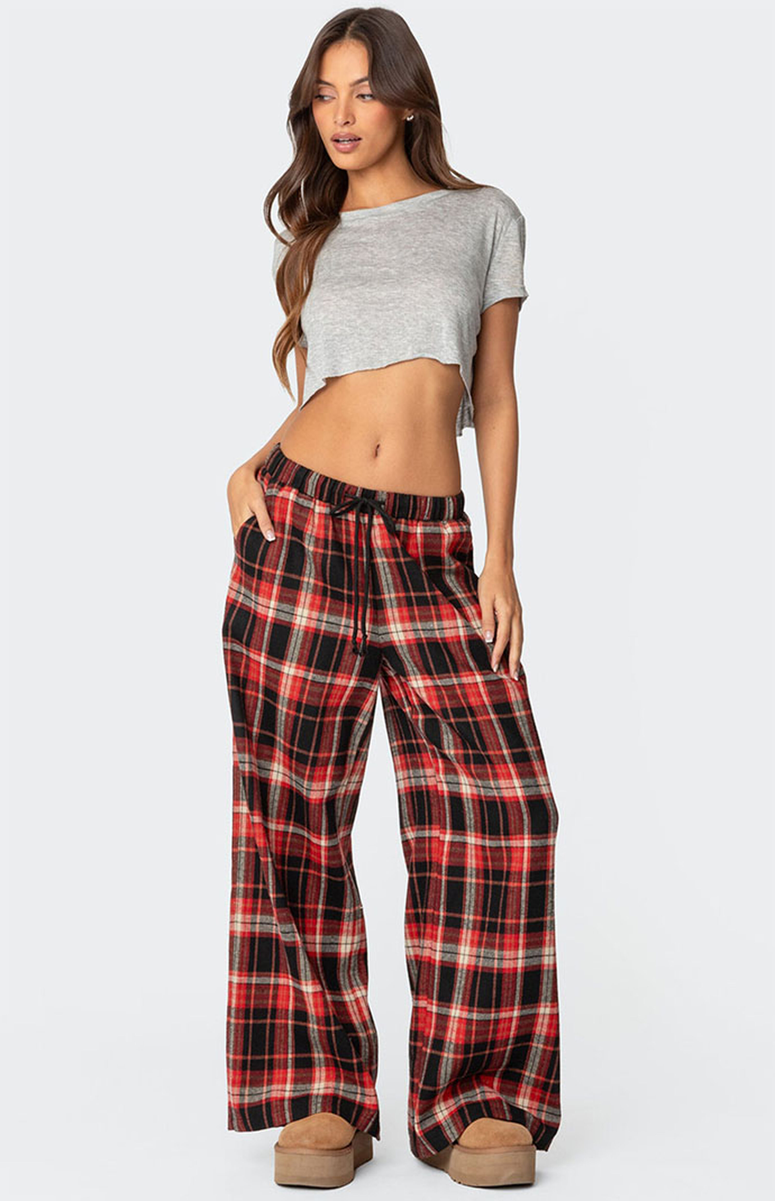 Edikted Lounge Around Plaid Wide Leg Pants | Pacsun