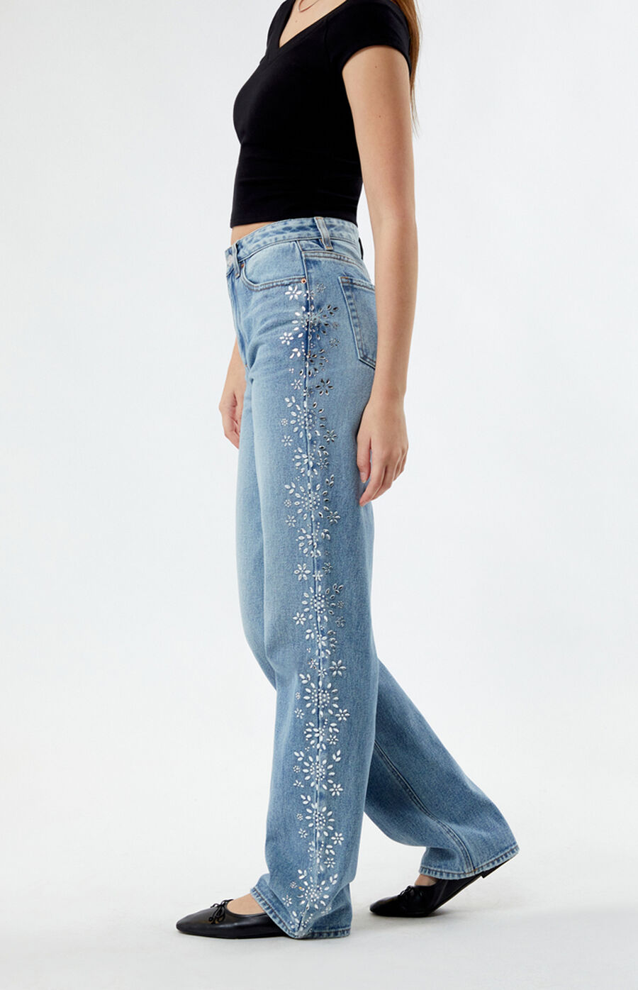Pacsun Medium Indigo Floral Rhinestone '90s Boyfriend Jeans | PacSun