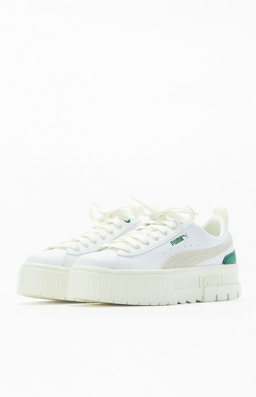 Puma Women's White & Green Mayze Leather Sneakers | Pacsun