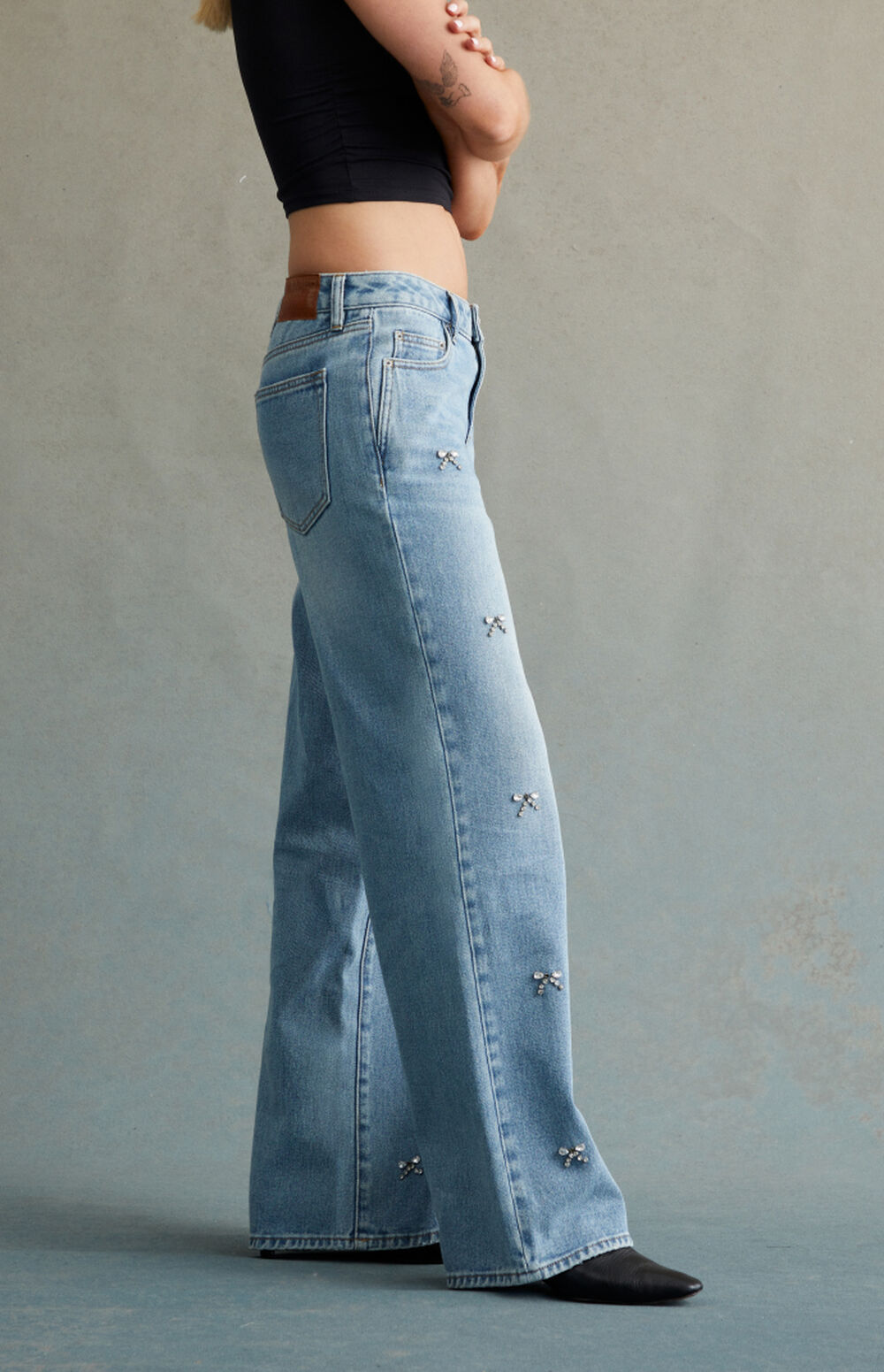 RARE DNM EDIT Light Indigo Rhinestone Bow Low Rise Baggy Jeans | PacSun