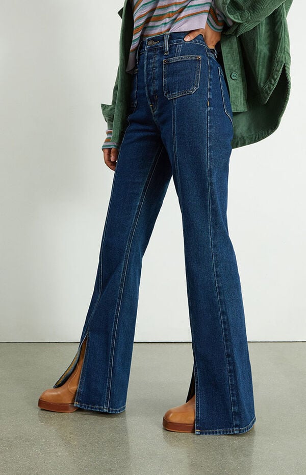 Pacsun Dark Blue Slit High Waisted Bootcut Jeans | PacSun