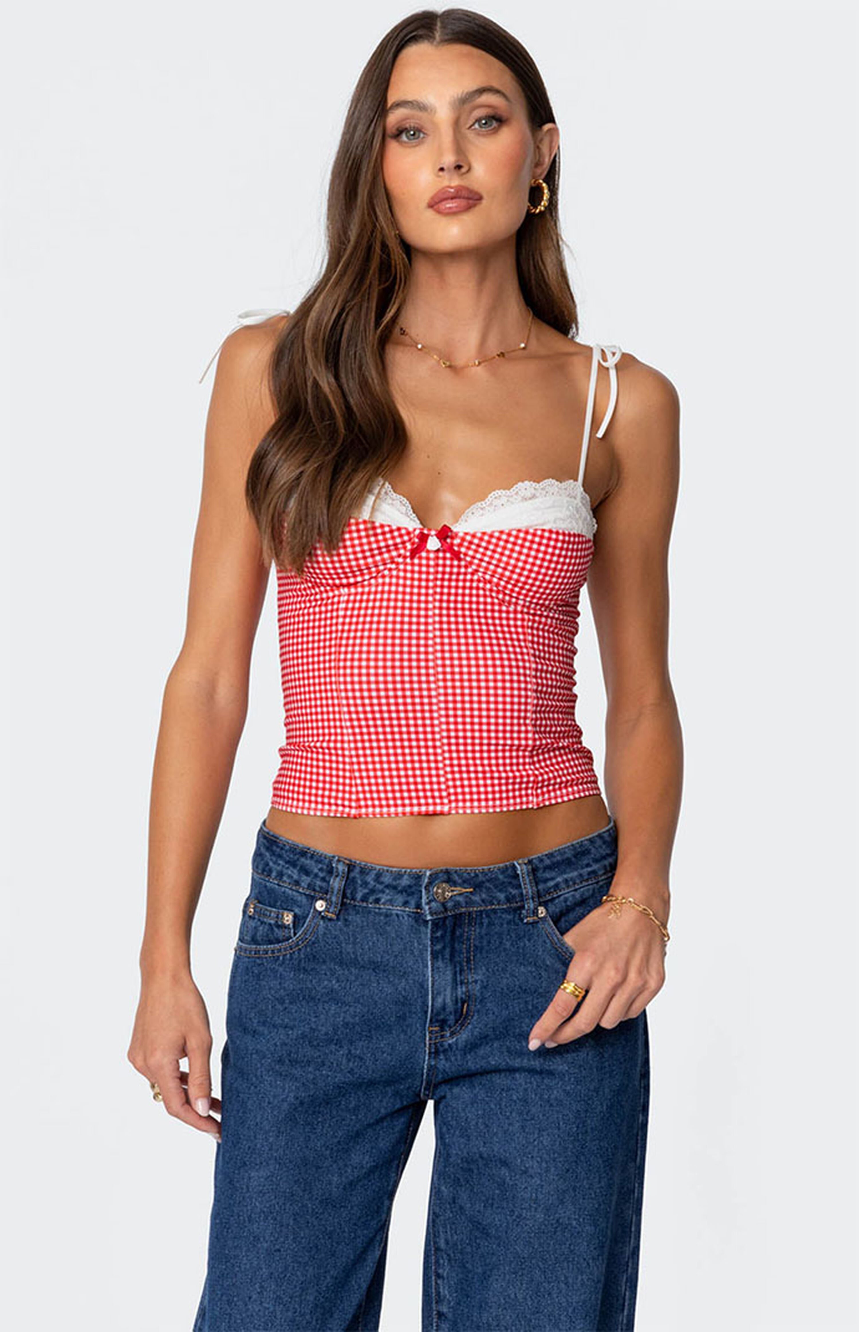 Edikted Peekaboo Lacey Gingham Corset | Pacsun