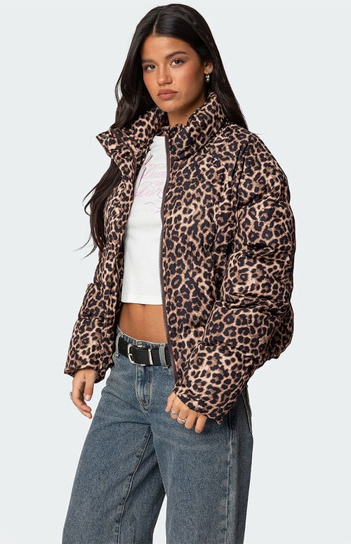 Edikted Dalya Leopard Printed Puffer Jacket | Pacsun