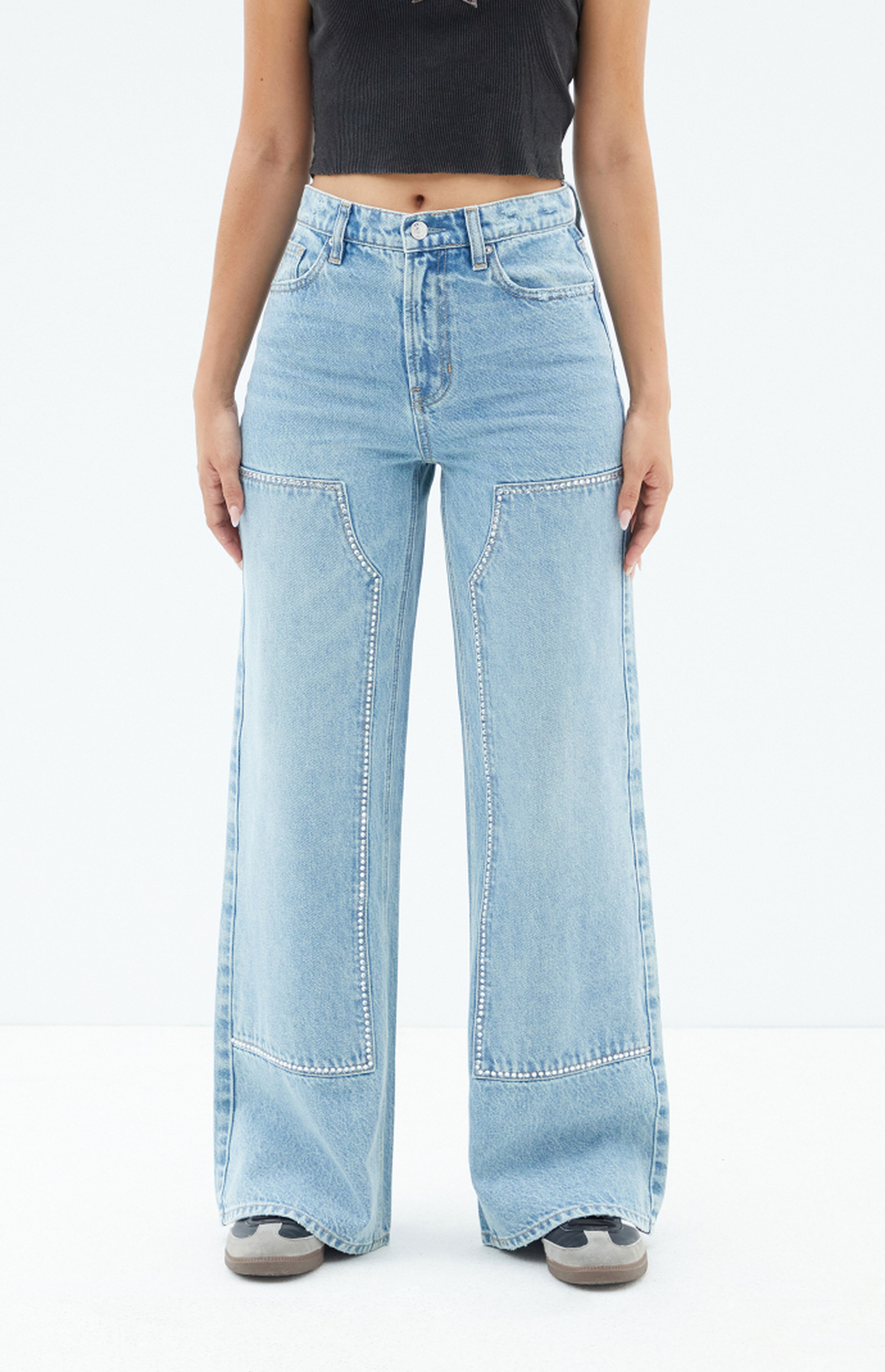 Pacsun Nora Indigo Rhinestone Wide Leg Carpenter Jeans | PacSun