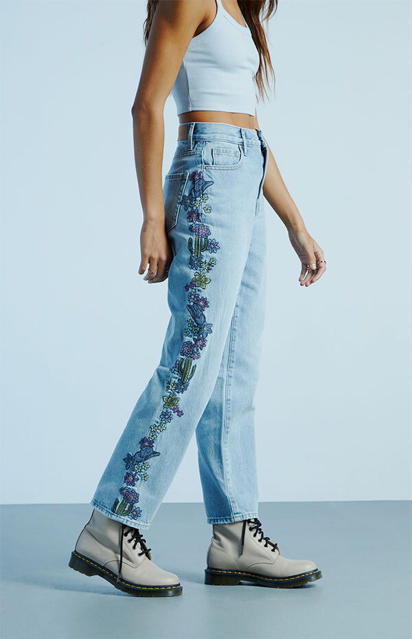 PacSun Eco Light Blue Embroidered High Waisted Straight Leg Jeans | PacSun