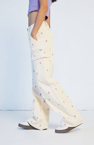 Pacsun Off White Embroidered Corduroy Low Rise Puddle Pants | PacSun