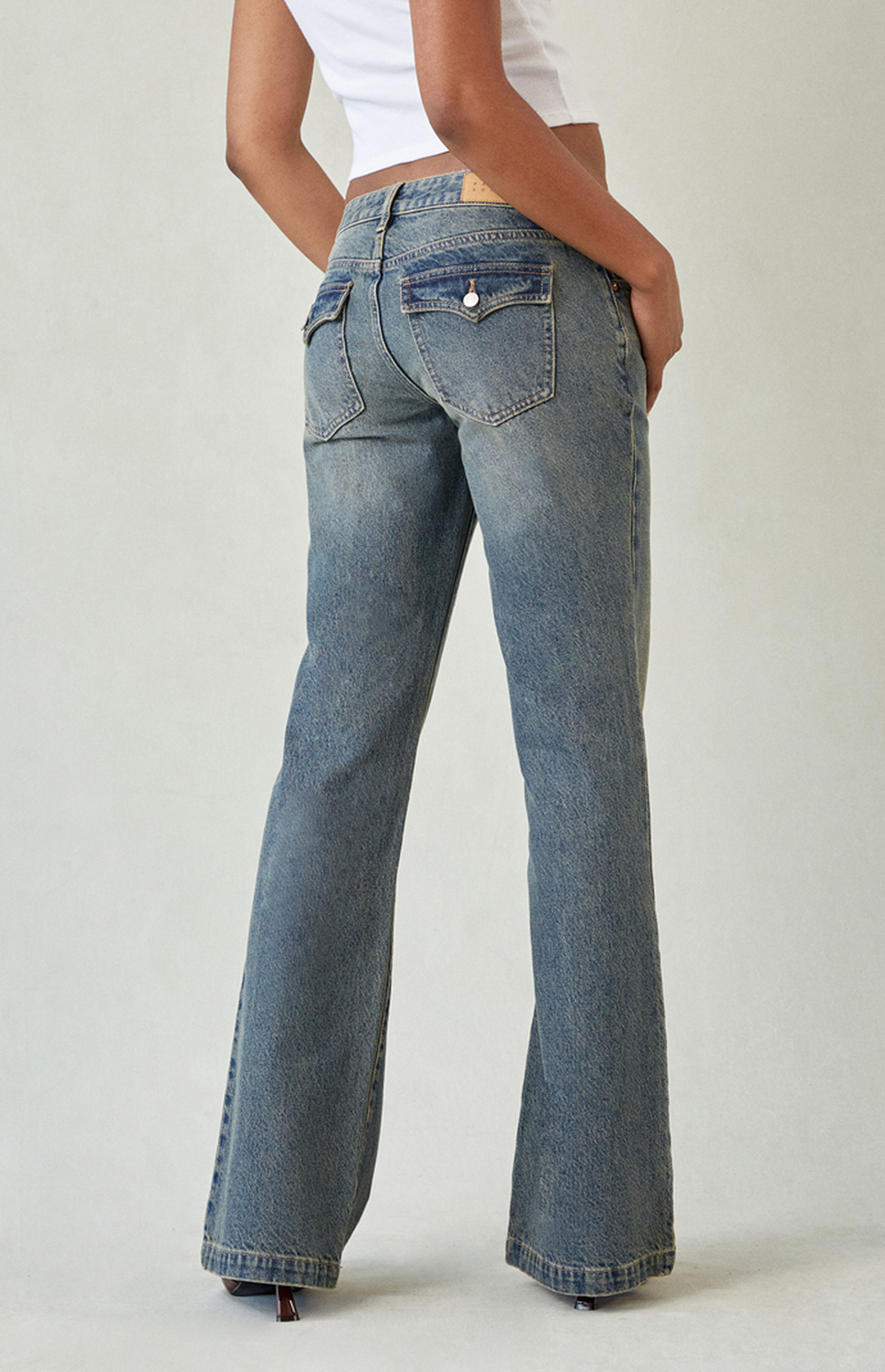Pacsun Jade Low Rise Bootcut Jeans Button Pocket Dark Blue | PacSun