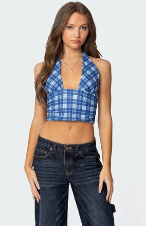 Edikted Plaid Printed Halter Top | PacSun