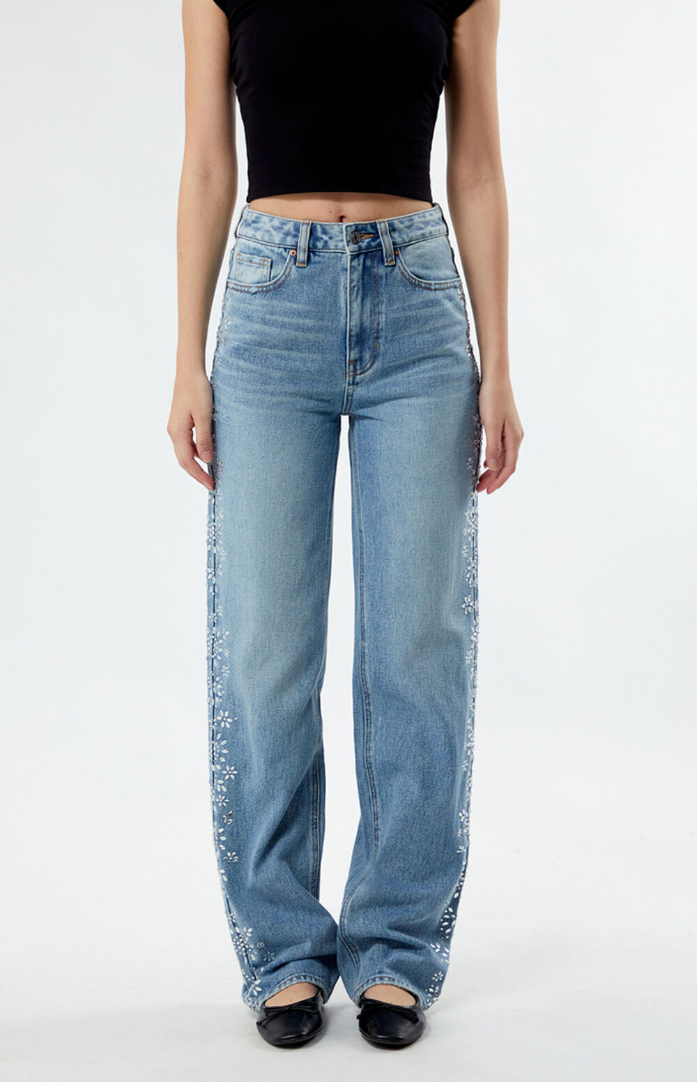 Pacsun Medium Indigo Floral Rhinestone '90s Boyfriend Jeans | Pacsun
