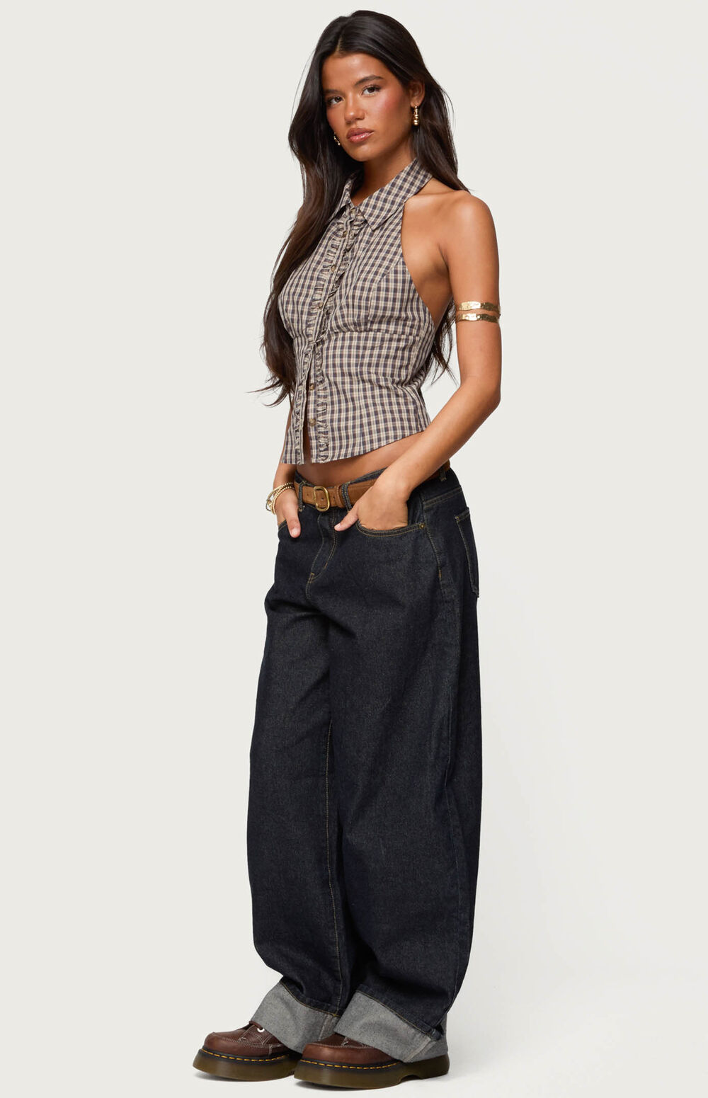Edikted Imrie Plaid Collared Halter Top | Pacsun