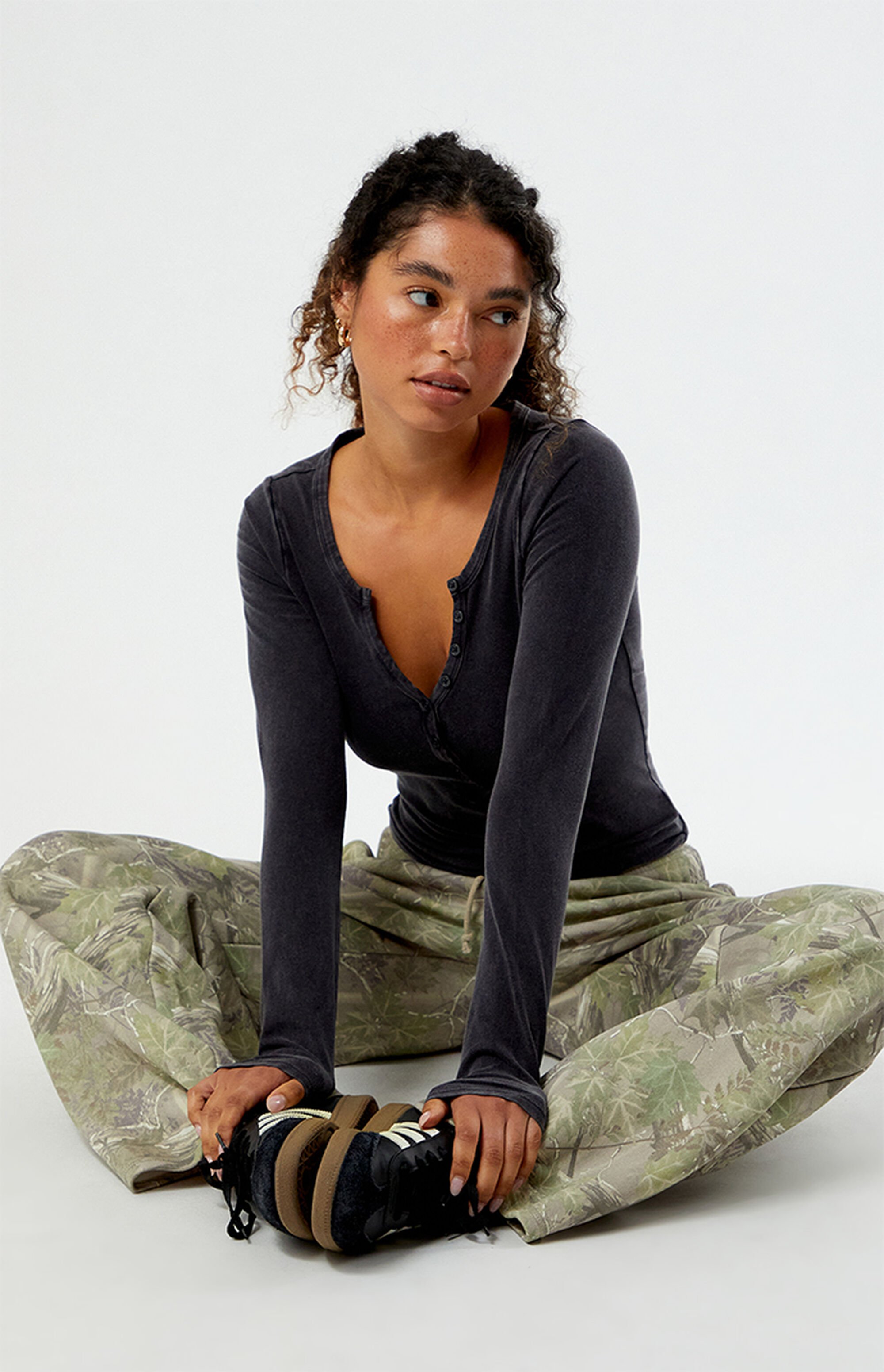 Est. PAC 1980 Ashlee Washed Notched Henley Long Sleeve Top | PacSun