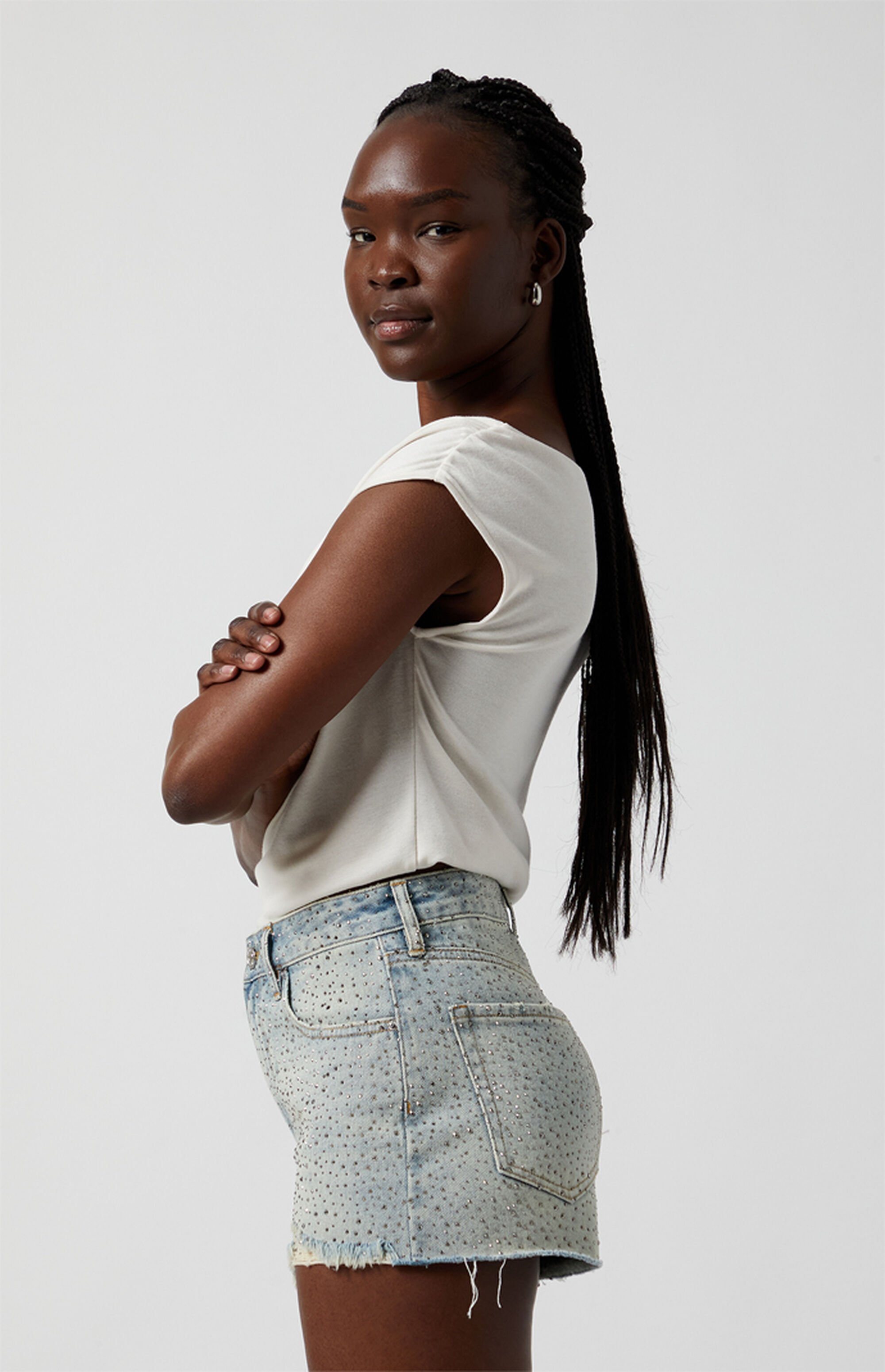 Pacsun Light Indigo Rhinestone High Waisted Denim Festival Shorts | PacSun