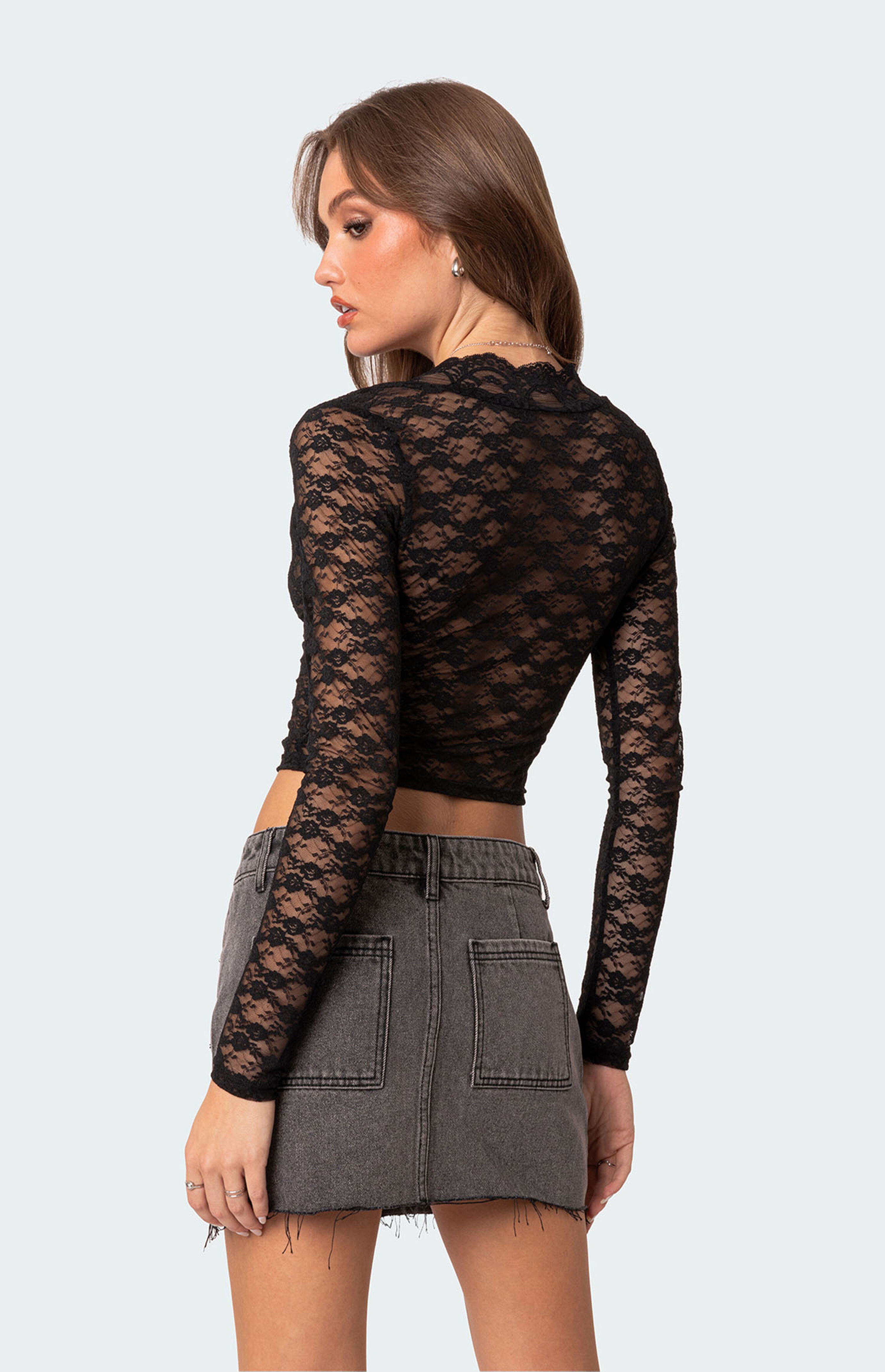 Edikted Beck Plunge Neck Sheer Lace Top | Pacsun