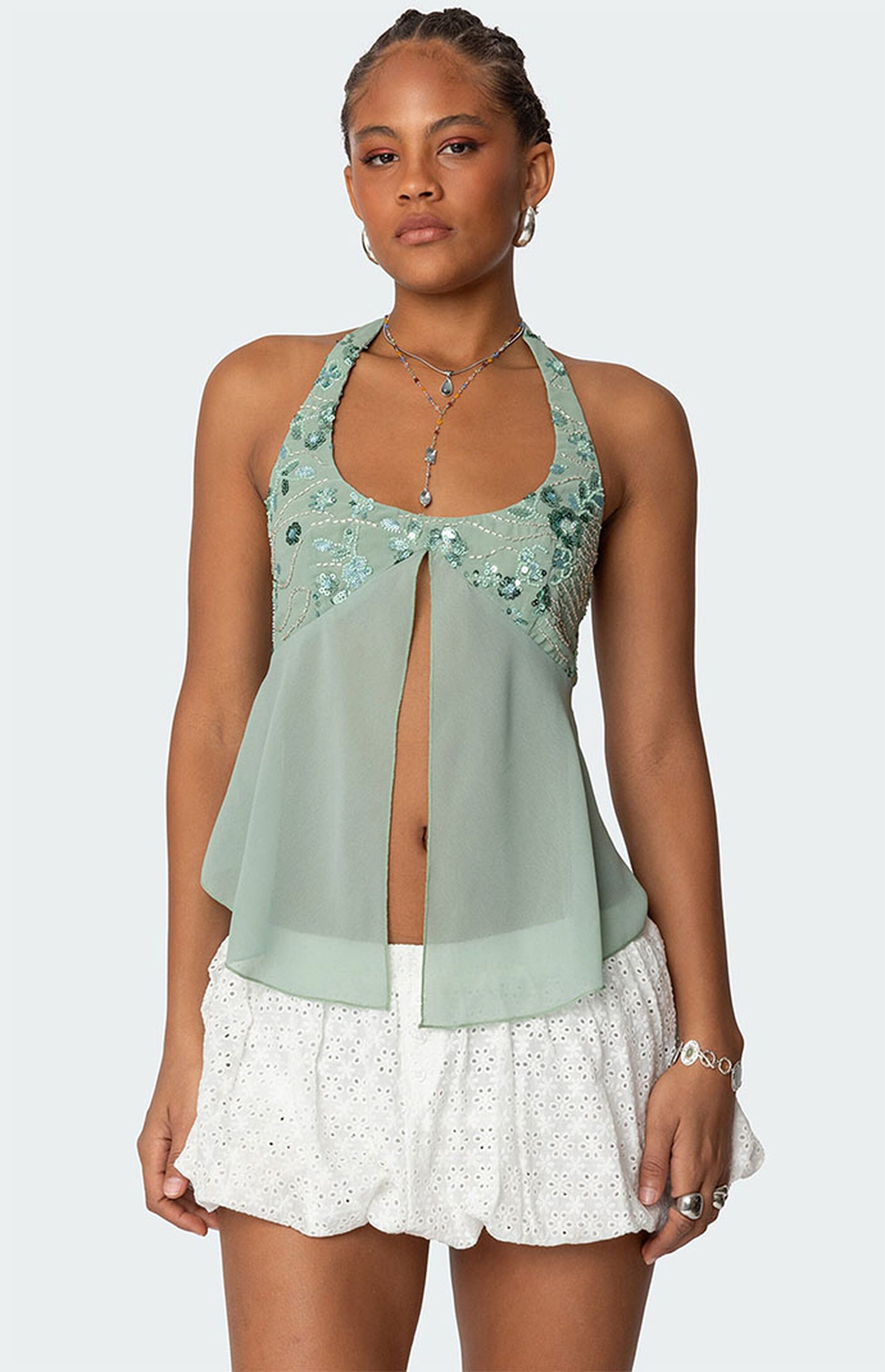 Edikted Sequin Chiffon Split Front Top | PacSun