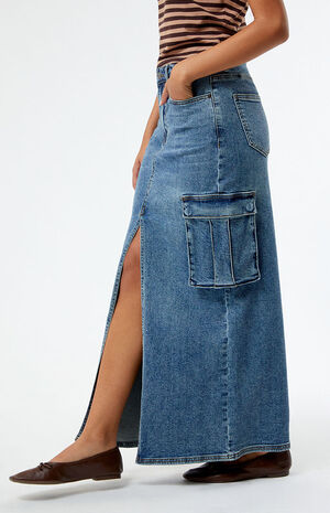 Guess Long Split Front Cargo Denim Maxi Skirt | PacSun