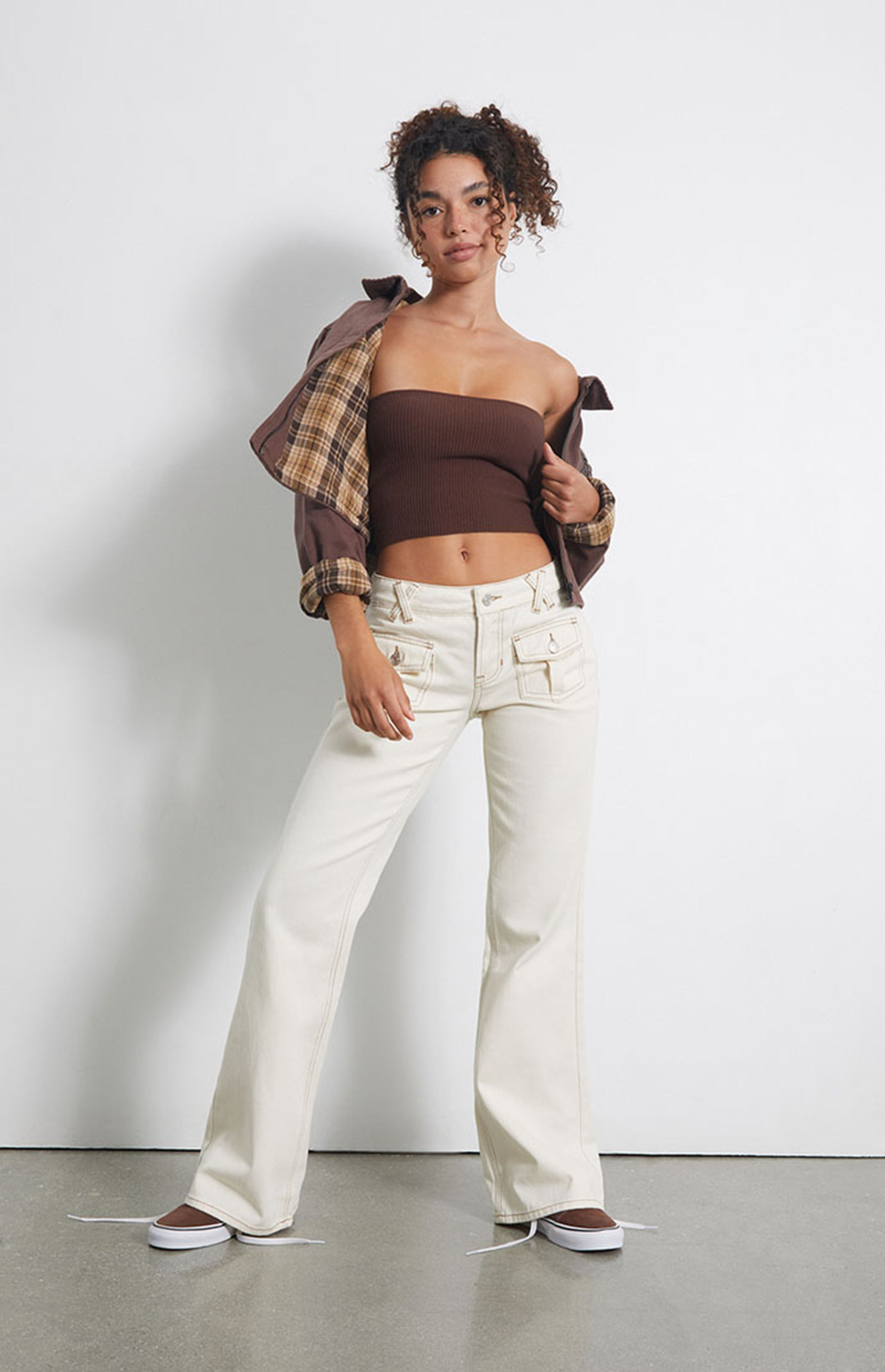 Pacsun Off White Low Rise Cargo Flare Pants | Pacsun