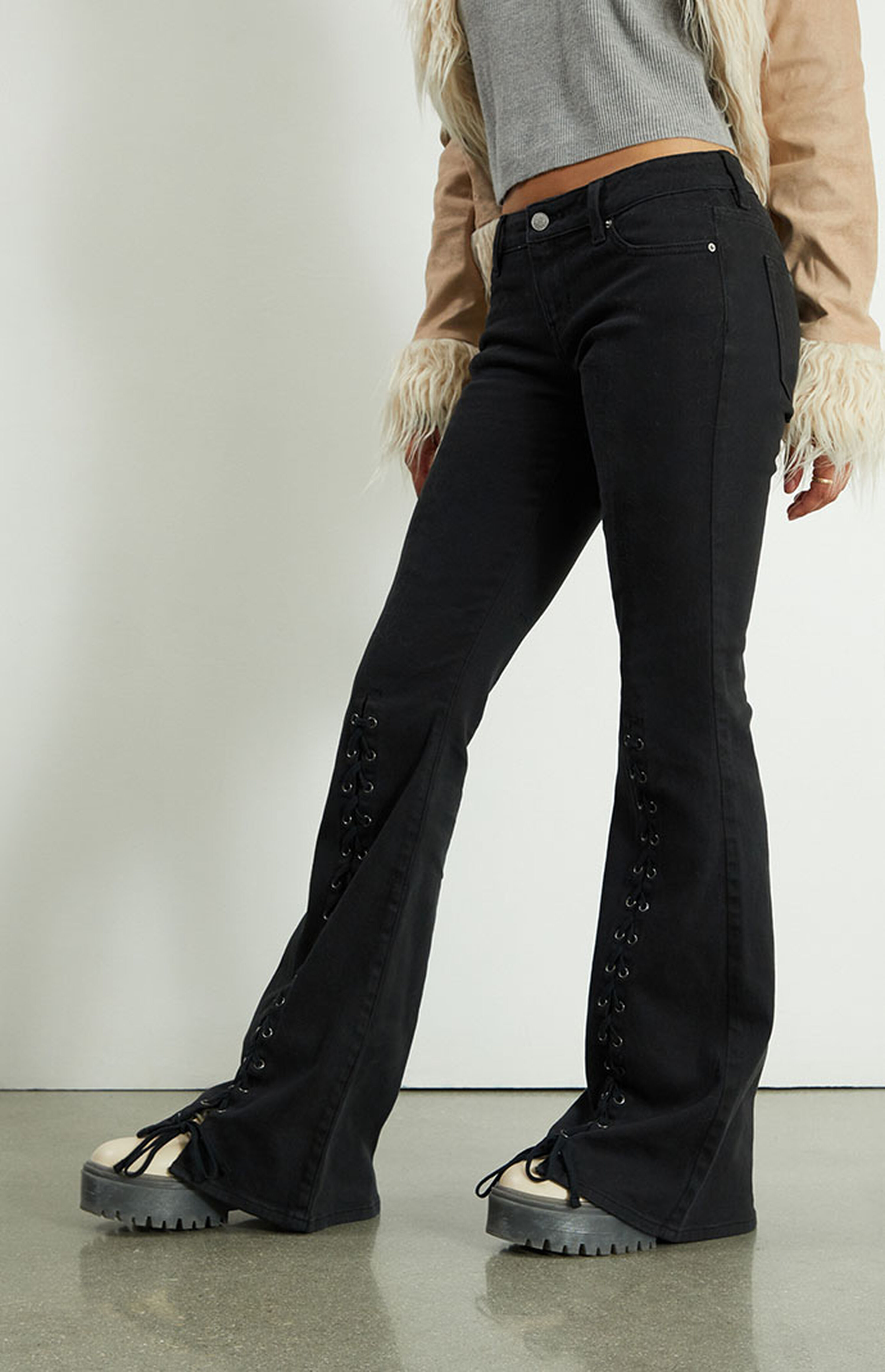 Pacsun Black Lace-Up Low Rise Flare Jeans | Pacsun