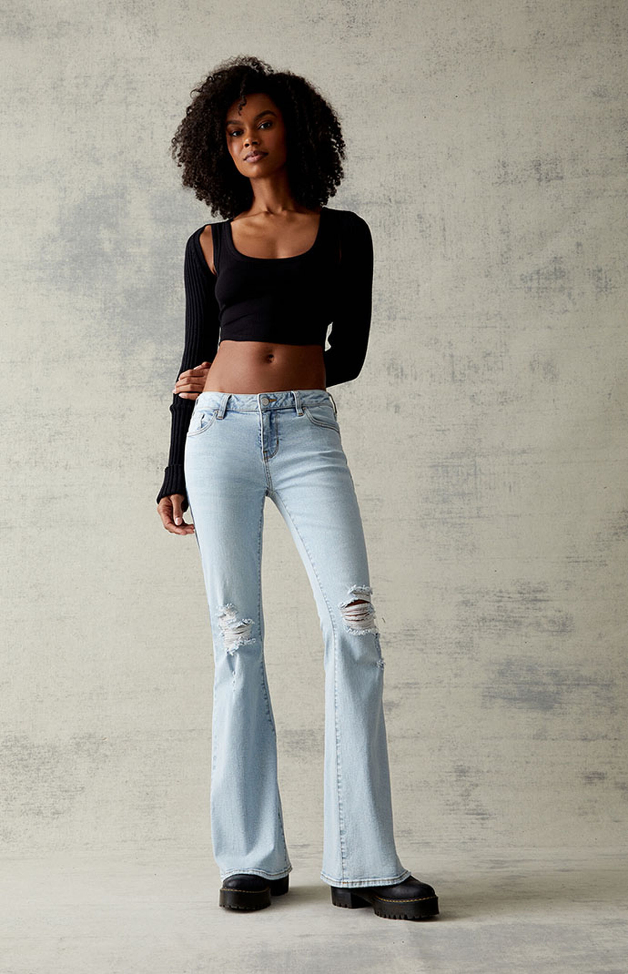 PacSun Light Blue Ripped Stretch Low Rise Flare Jeans | PacSun