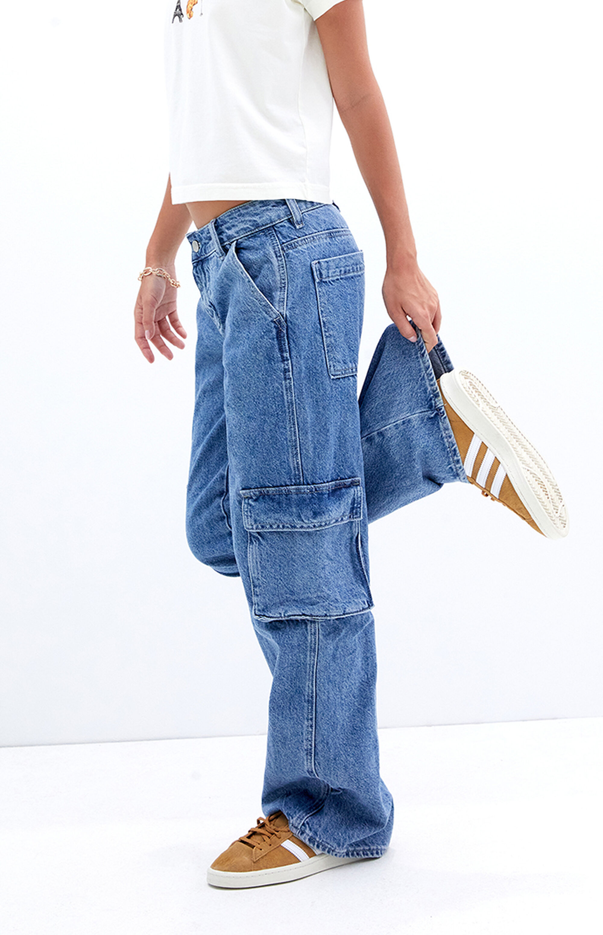 Pacsun Casey Medium Indigo Low Rise Baggy Cargo Jeans | Pacsun