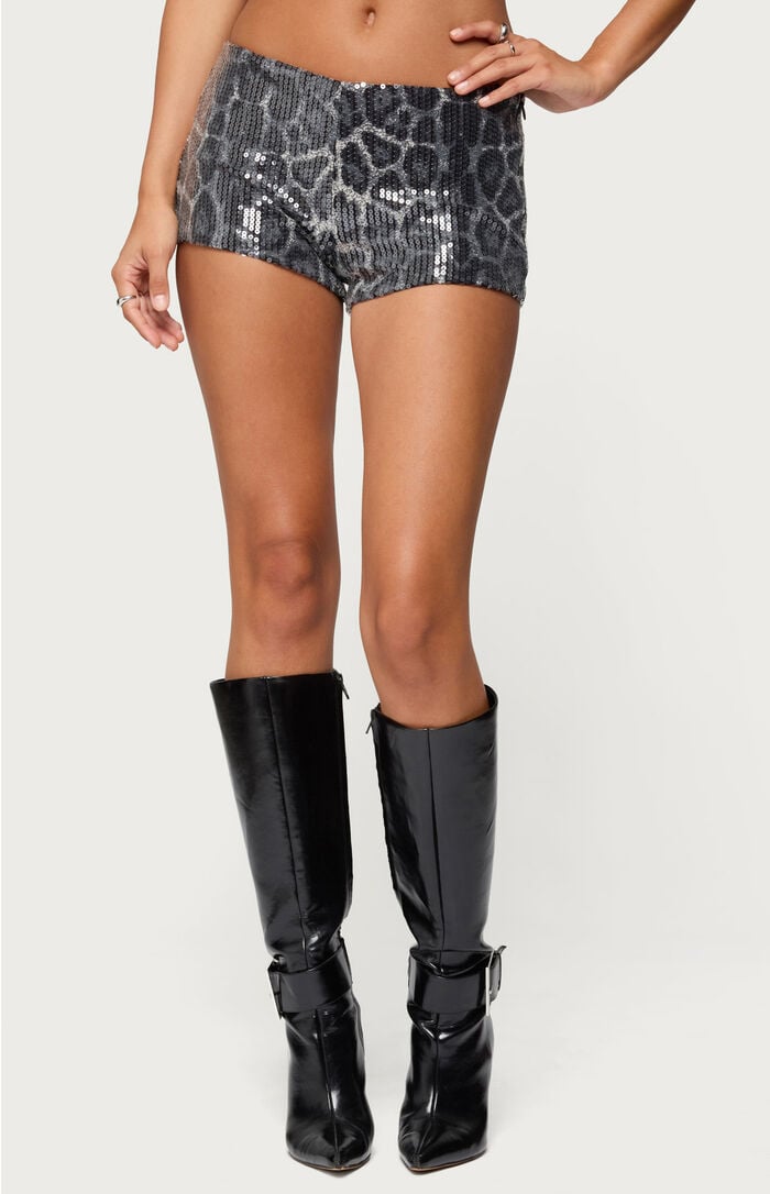 Edikted Sequin Leopard Printed Micro Shorts | Pacsun
