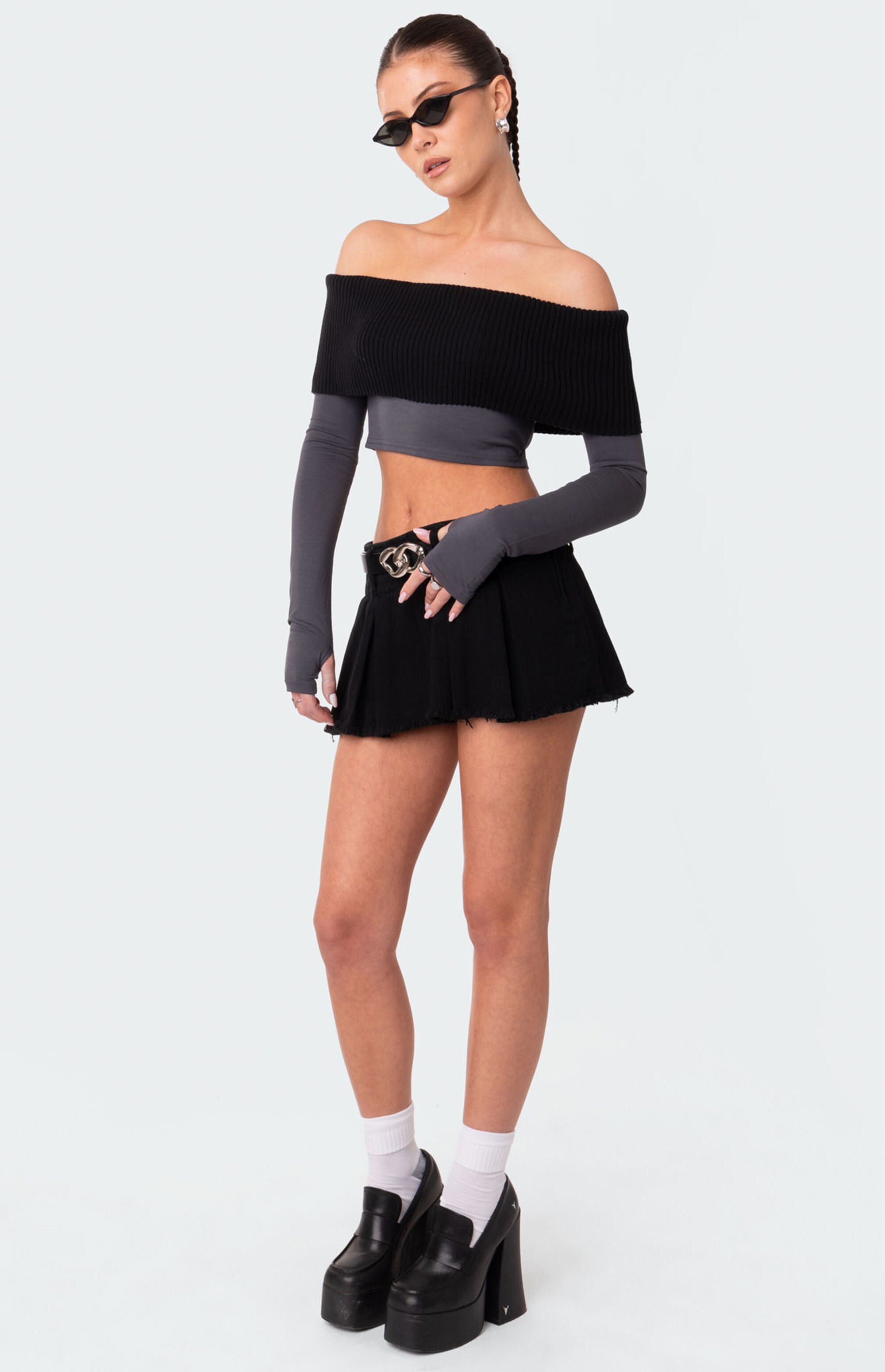 Edikted Washed Denim Pleated Micro Skort | Pacsun