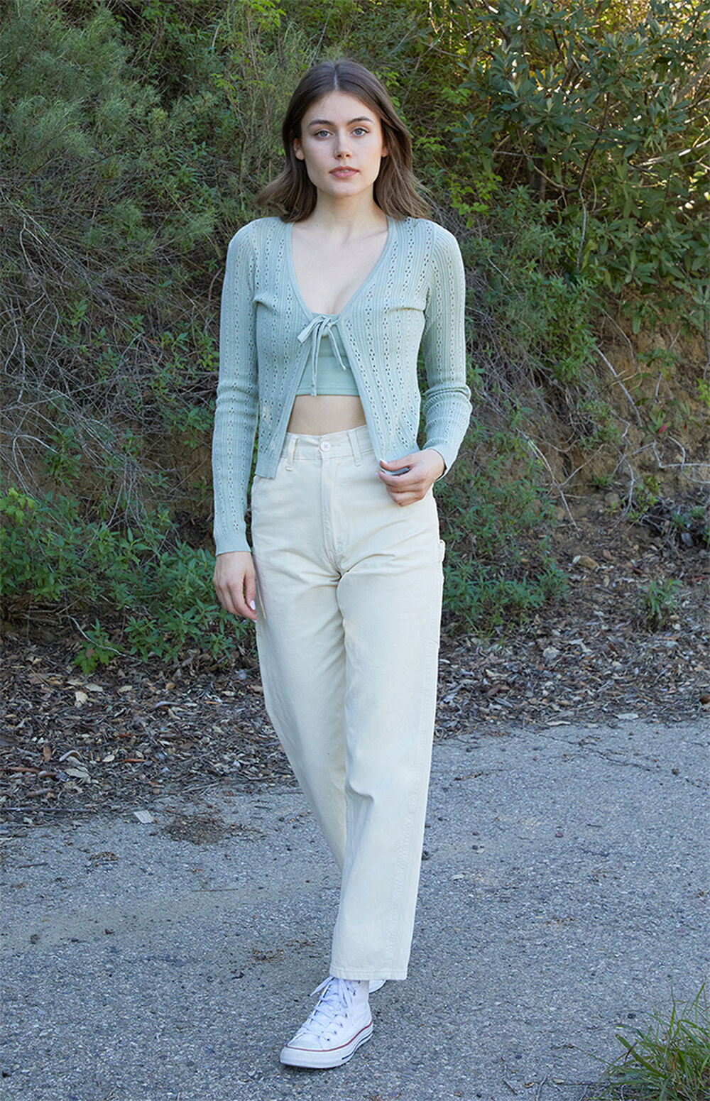 John Galt Pale Green Greta Pointelle Tie Front Top | Pacsun